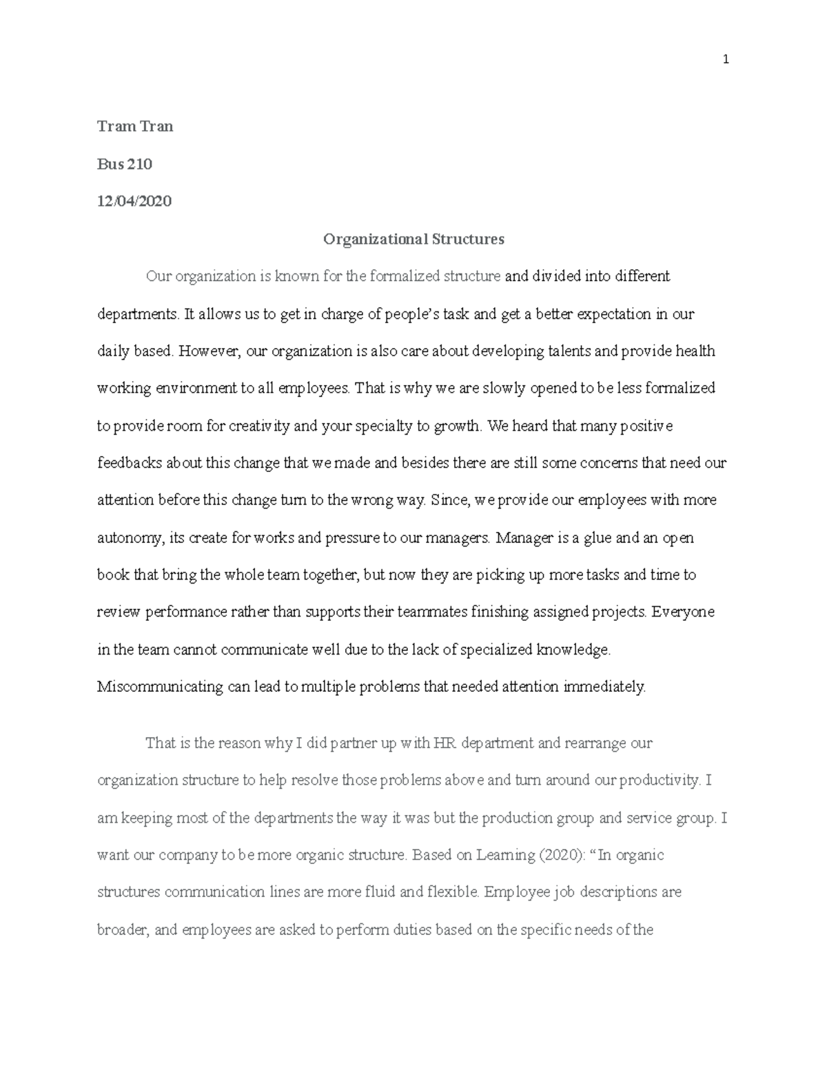 Organizational Structures week 6 - 1 Tram Tran Bus 210 12/04 ...