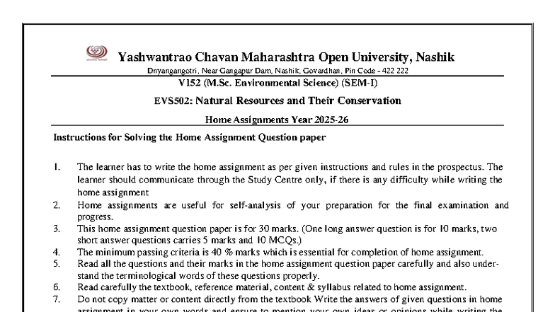 V152 EVS502: Home Assignment on Natural Resources Conservation 2025-26 ...