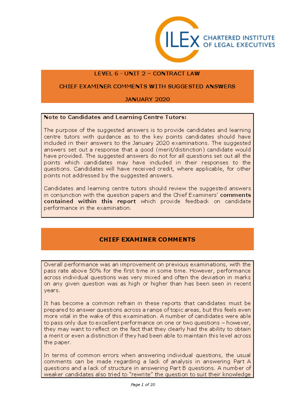 CILEX Level 6 Unit 2 Contract Law Exam Papers & Examiner Comments 2020 ...