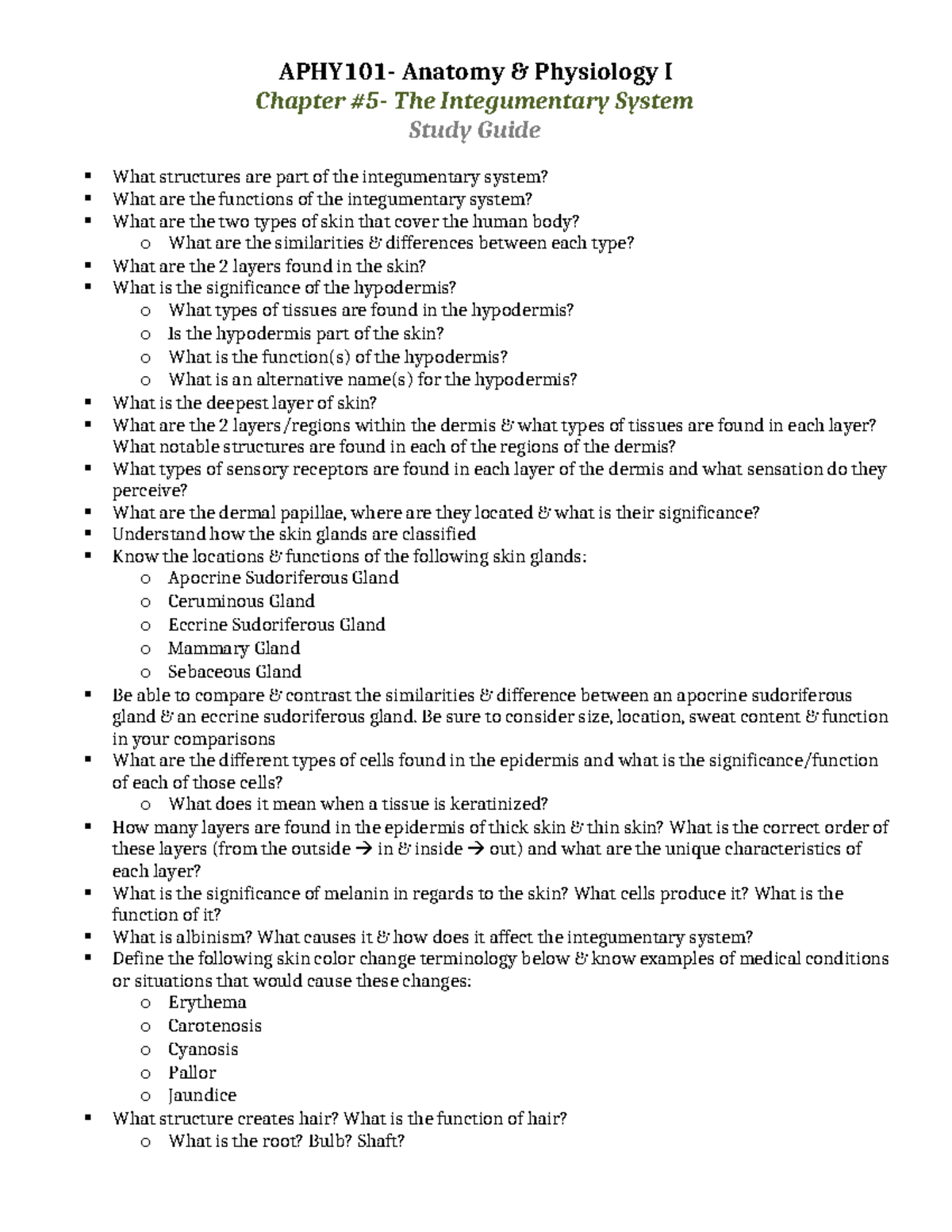 APHY101 - Anatomy & Physiology I: Chapter 5 Integumentary System Guide - Studocu