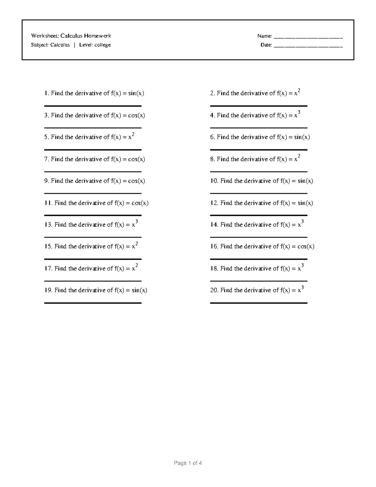 Calculus Homework Worksheet: Derivatives & Word Problems - Studocu