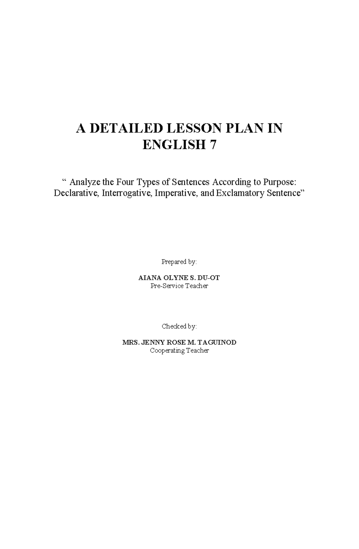 Types of Sentences According to Purpose: A Detailed Lesson Plan for ...