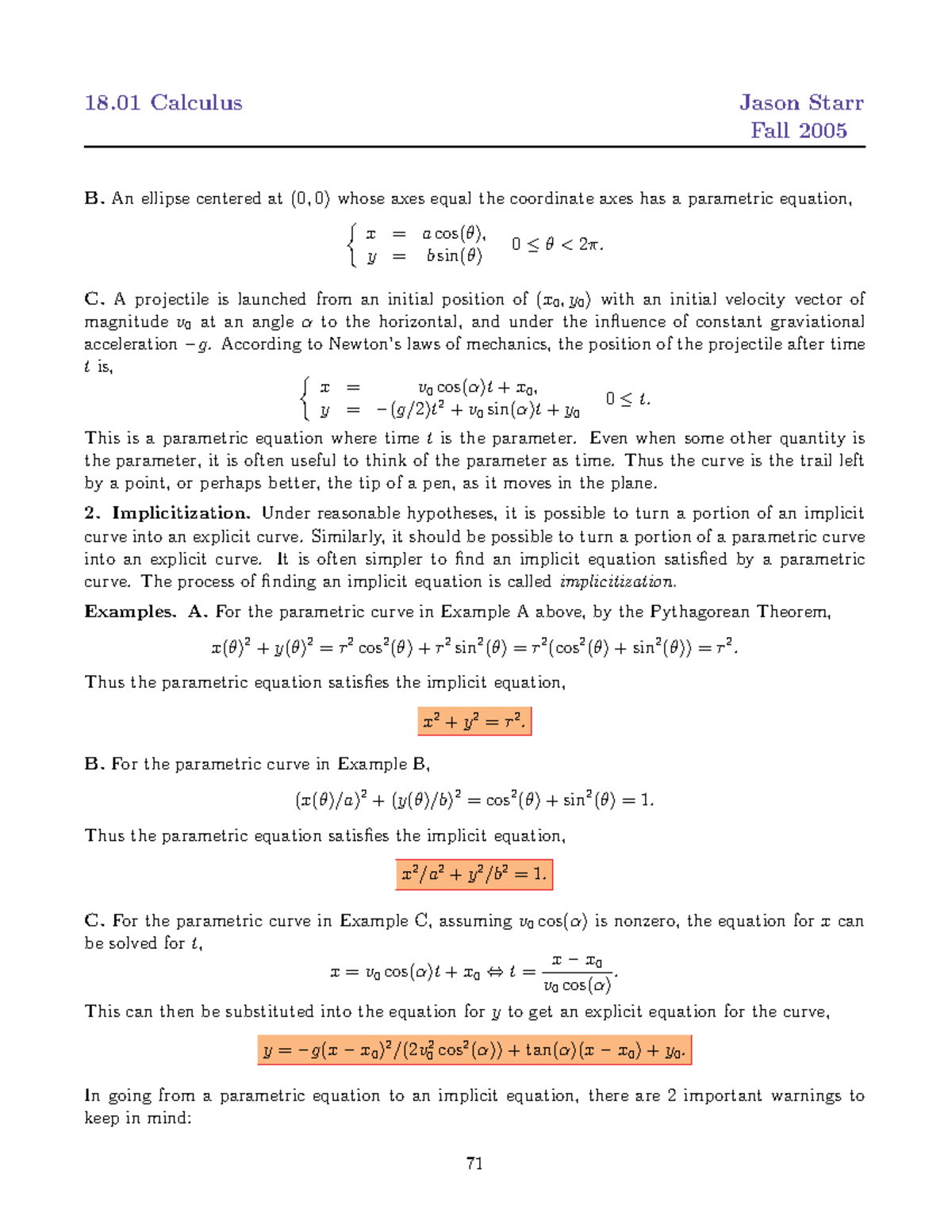 18.01 Calculus Lecture Notes: Parametric and Implicit Curves - Studocu