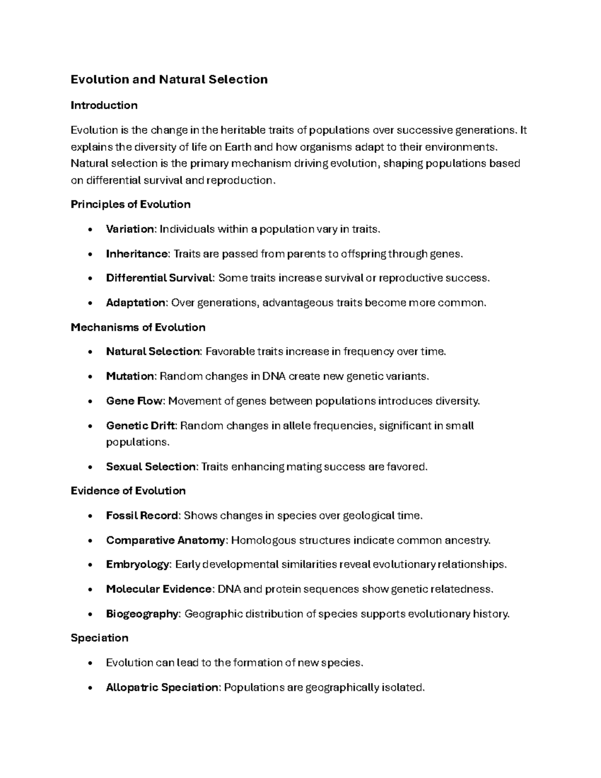 Evolution and Natural Selection: Key Concepts and Mechanisms - Studocu