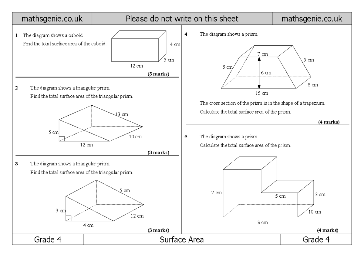 Grade 4 Surface Area Worksheet - MathsGenie.co.uk - Studocu