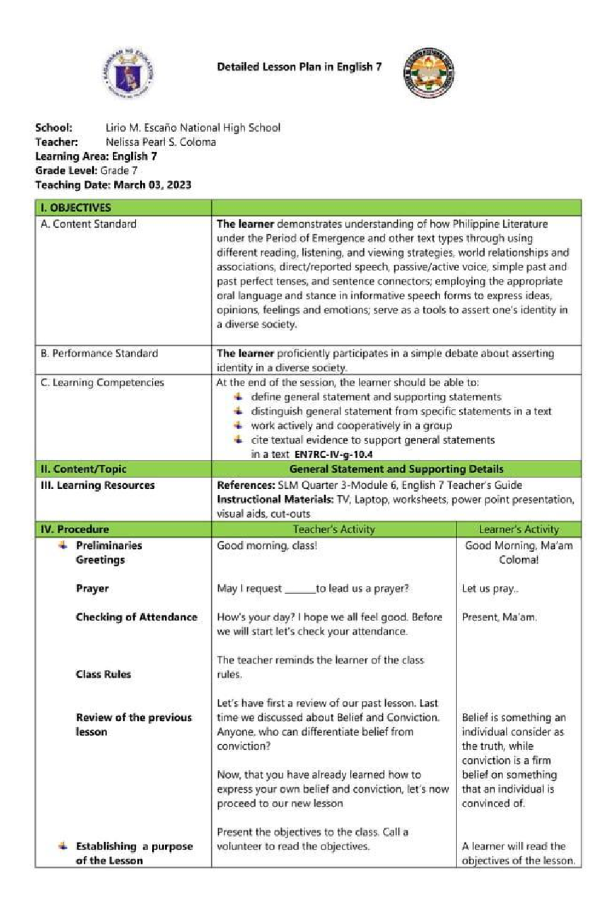 Detailed Lesson Plan: General & Specific Statements in English 7 - Studocu
