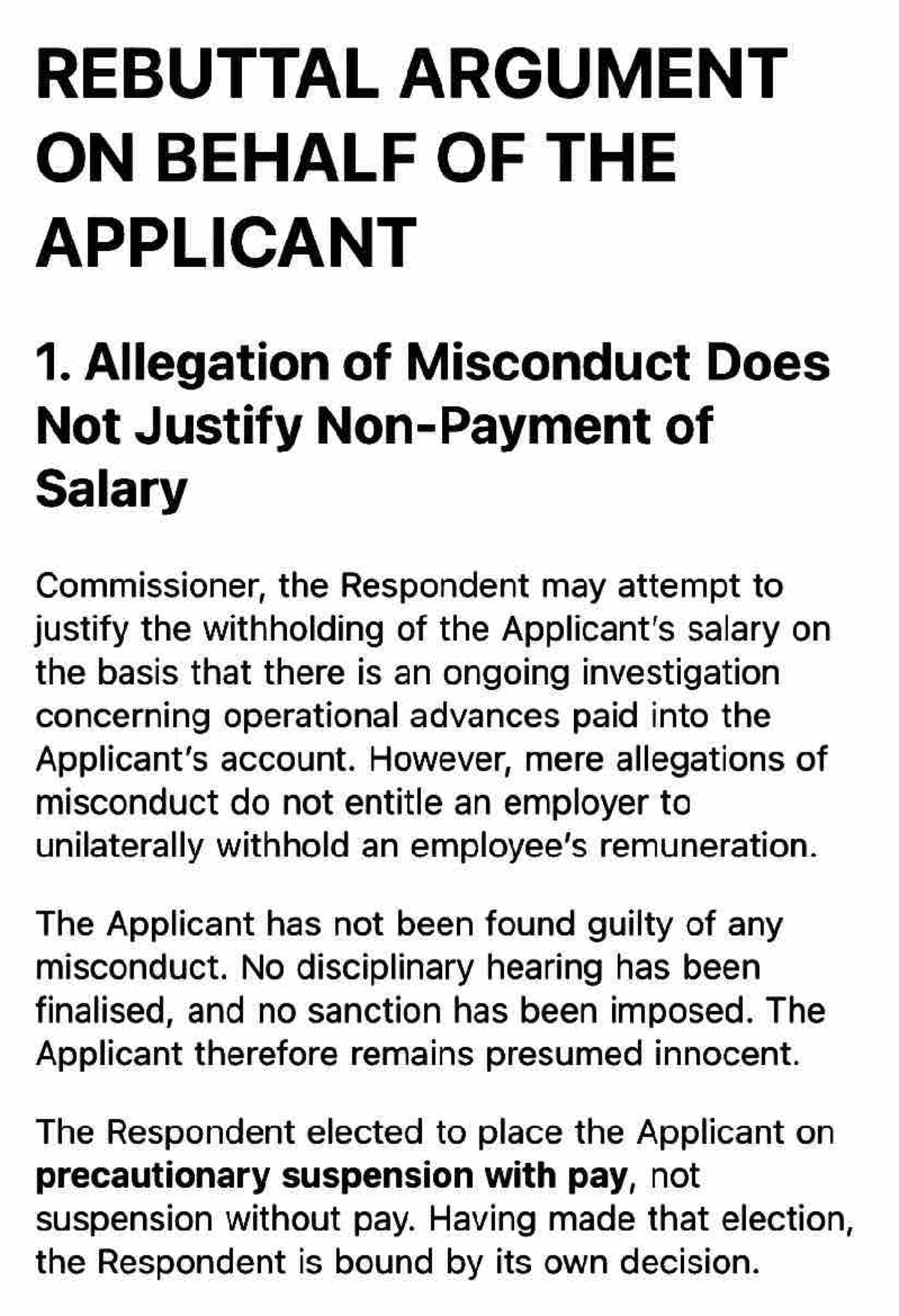 Rebuttal Argument on Behalf of Applicant: Salary Withholding Issues ...