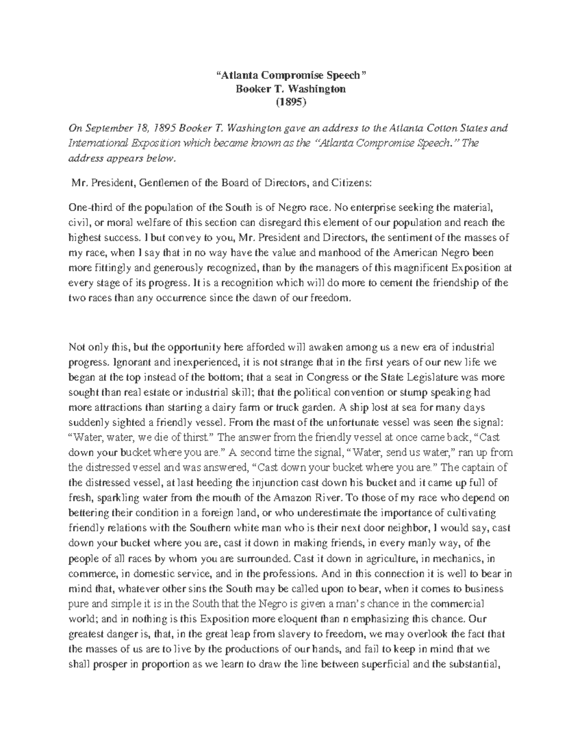 Booker-T-Washington Atlanta-Compromise-Speech 1895 - “Atlanta ...
