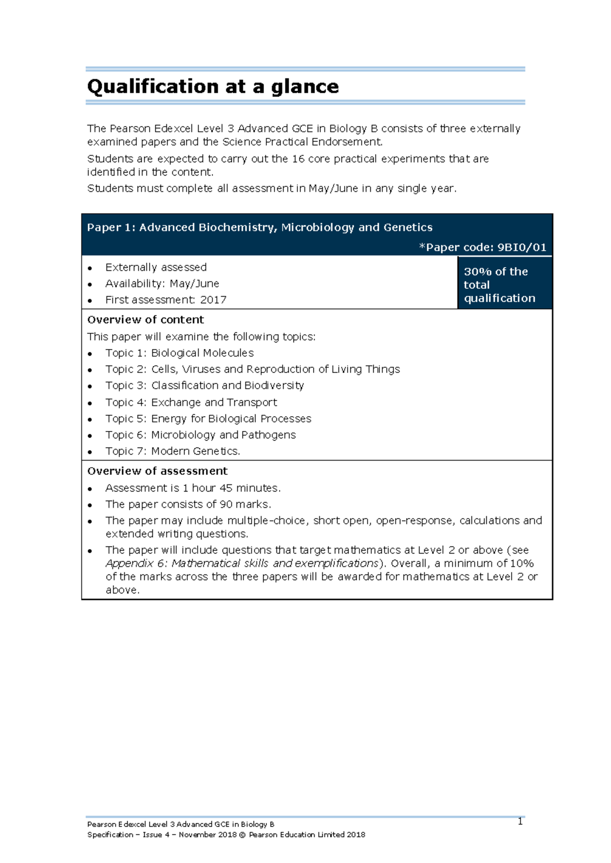 Pearson Edexcel Level 3 A Level Biology B Specification Overview - Studocu