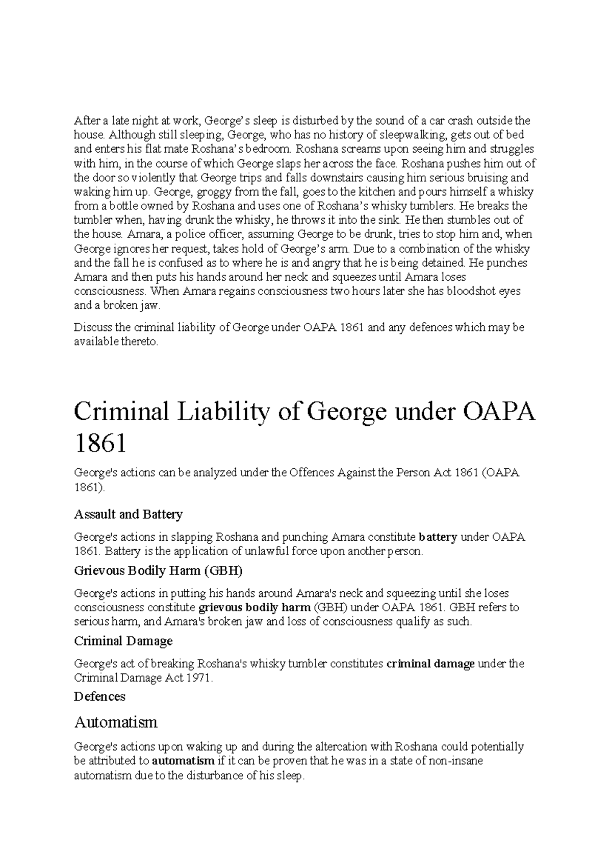 Criminal Liability Analysis of George under OAPA 1861: Case Study - Studocu