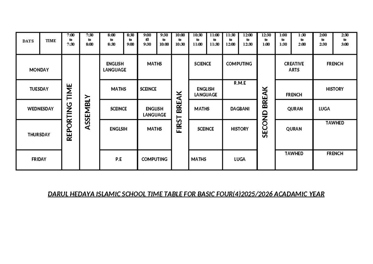 Primary 4 Academic Year Time Table - GOD IS GOOD - Studocu