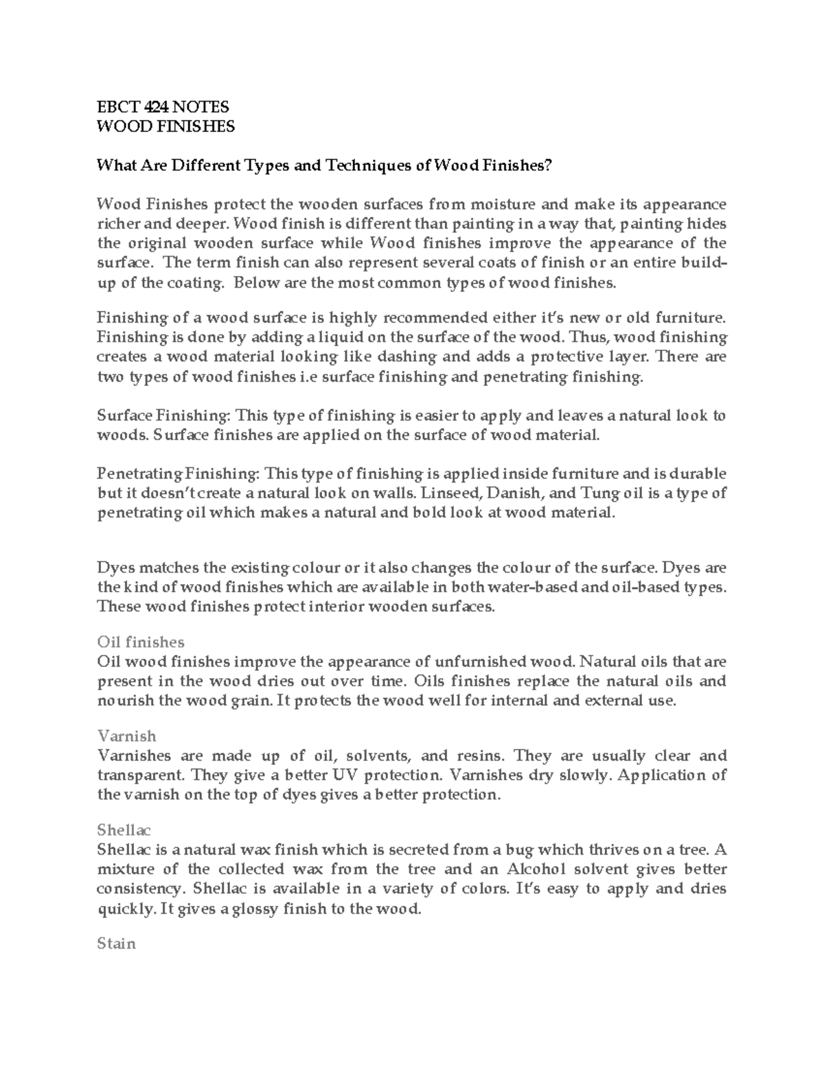 EBCT 424 Notes: Types & Techniques of Wood Finishes - Studocu