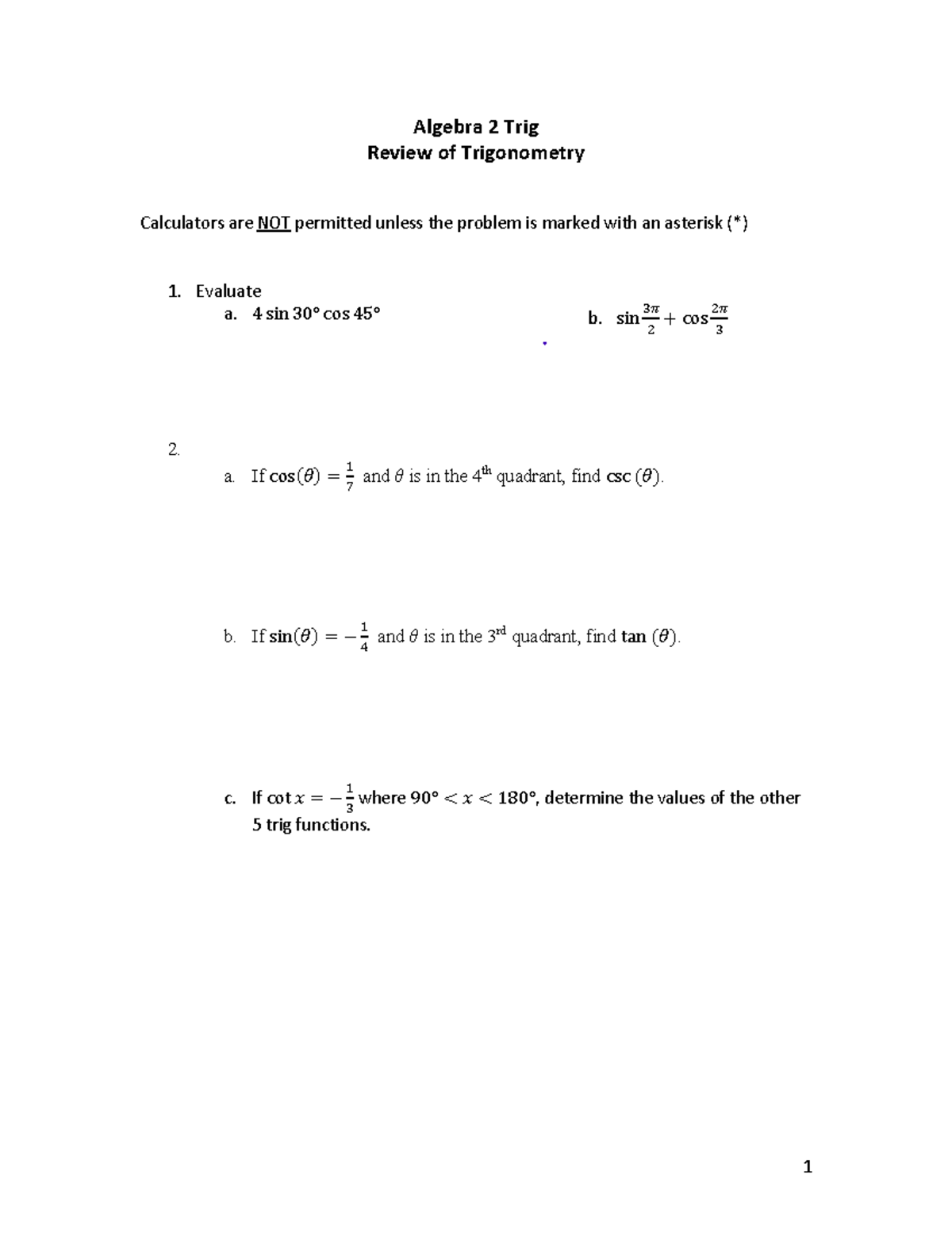 Algebra 2 Trig Quiz Review: Trigonometric Functions & Calculations ...