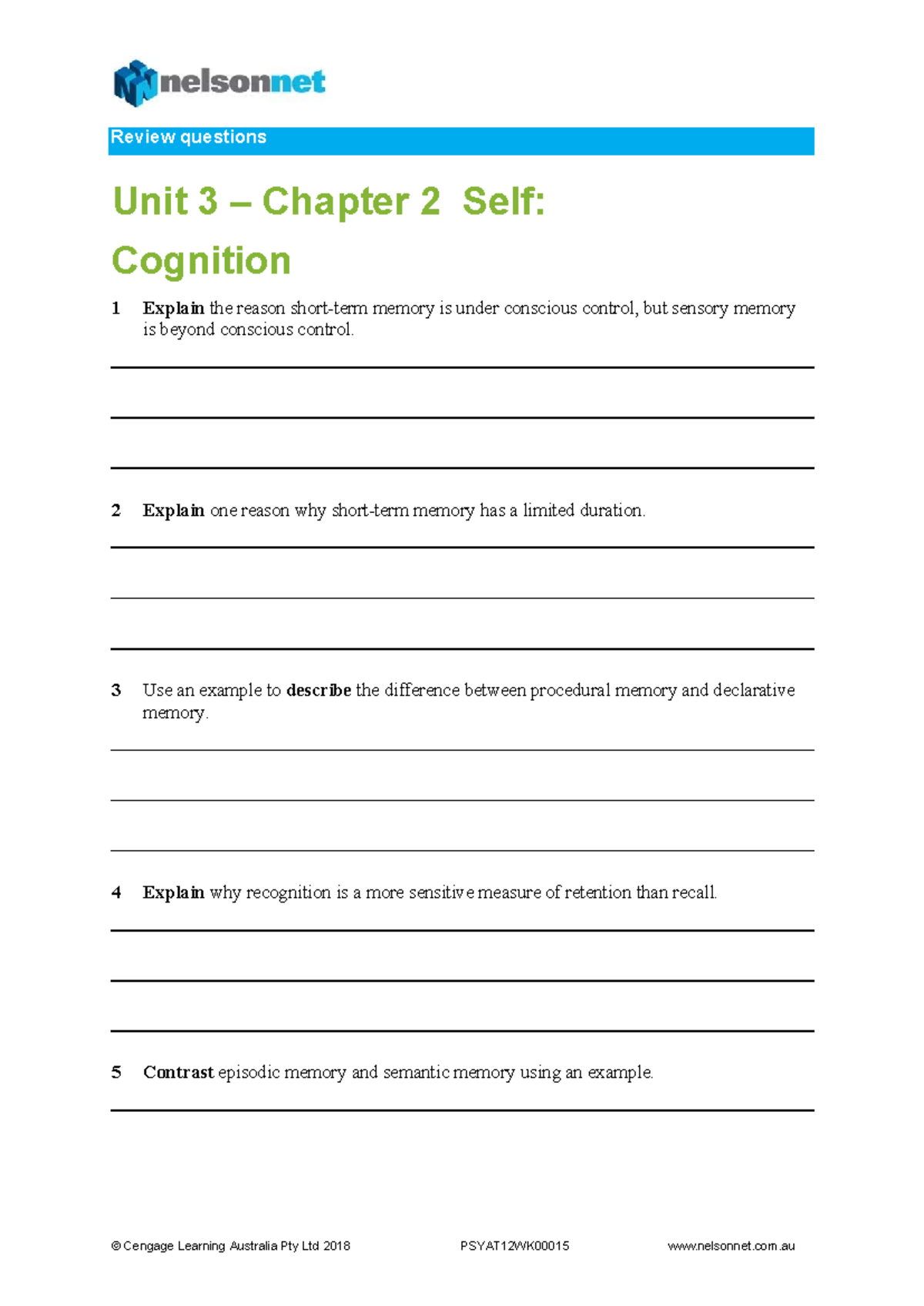 Memory Short Answers: Unit 3 Chapter 2 Cognition Insights - Studocu