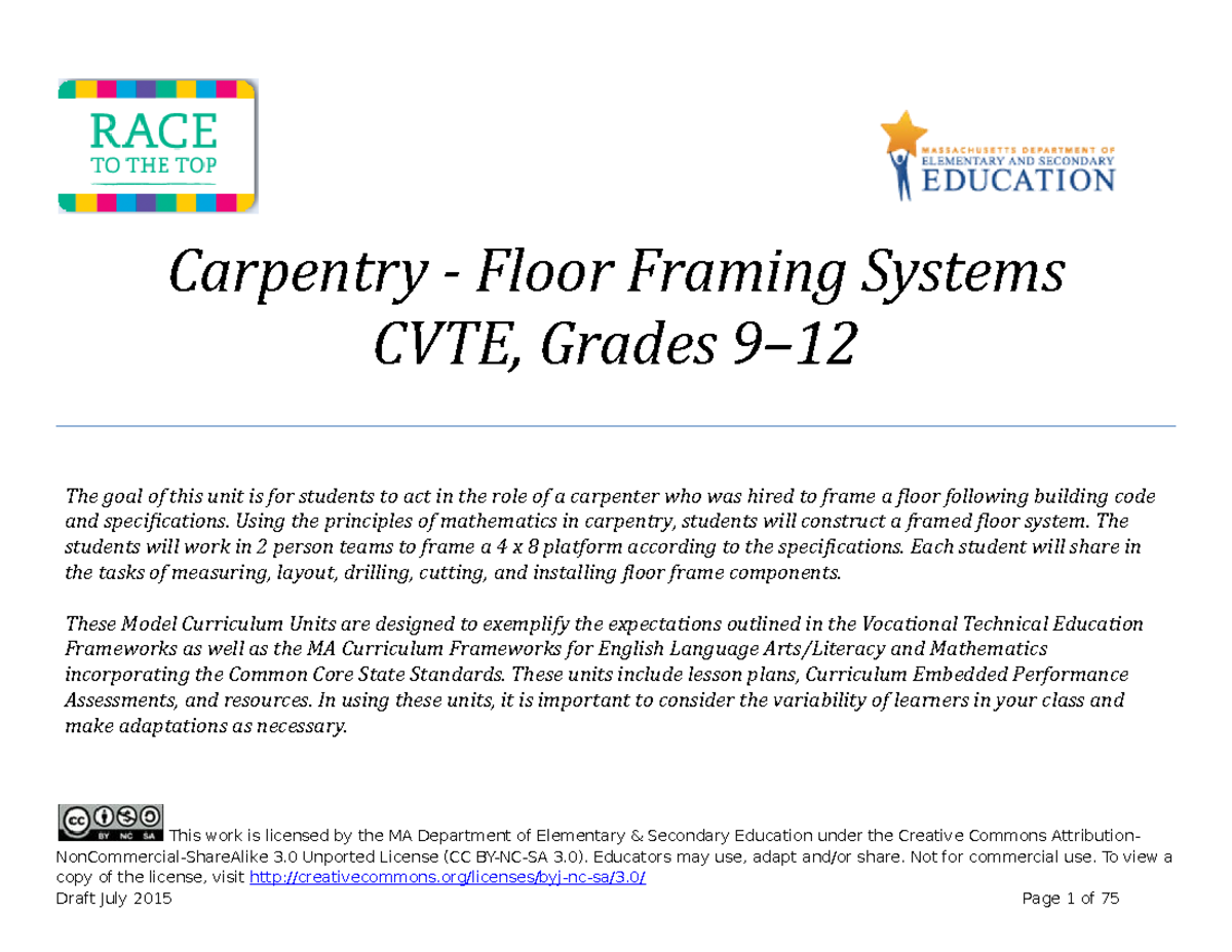 Carpentry Floor Framing Systems - CVTE TLE Unit Plan for Grades 9 ...
