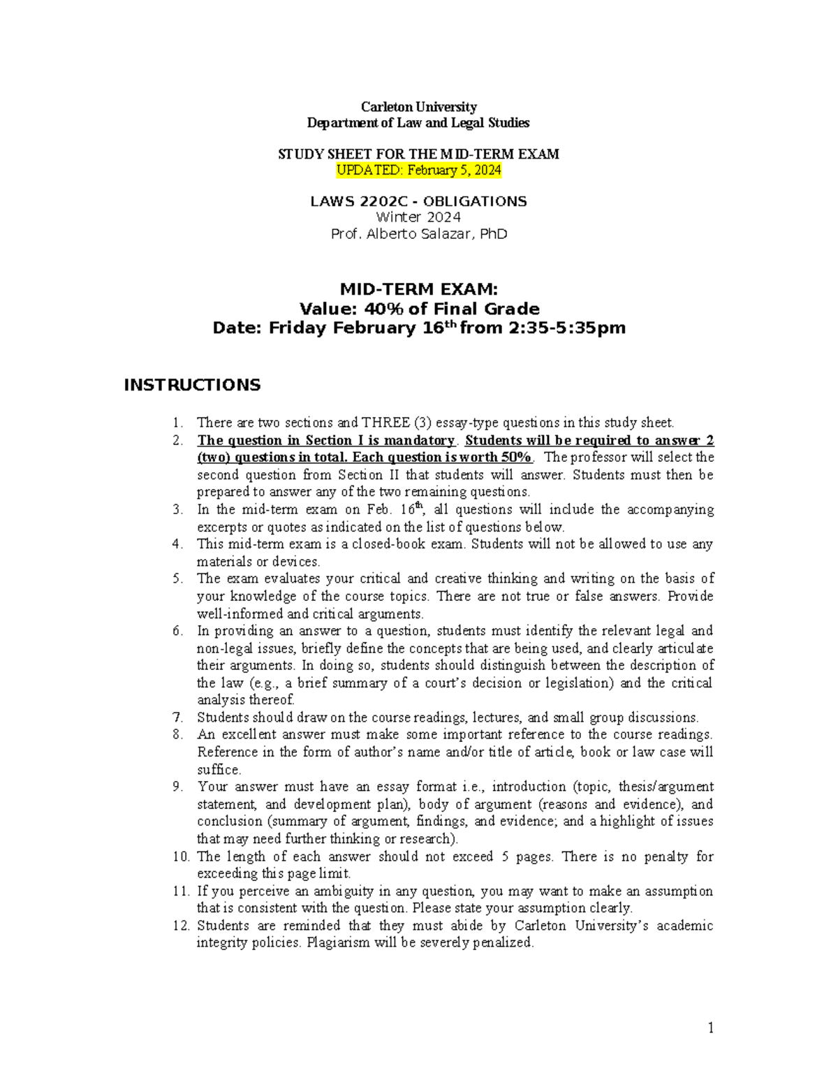 LAWS 2202C Mid-Term Exam Study Sheet - Winter 2024 - Studocu