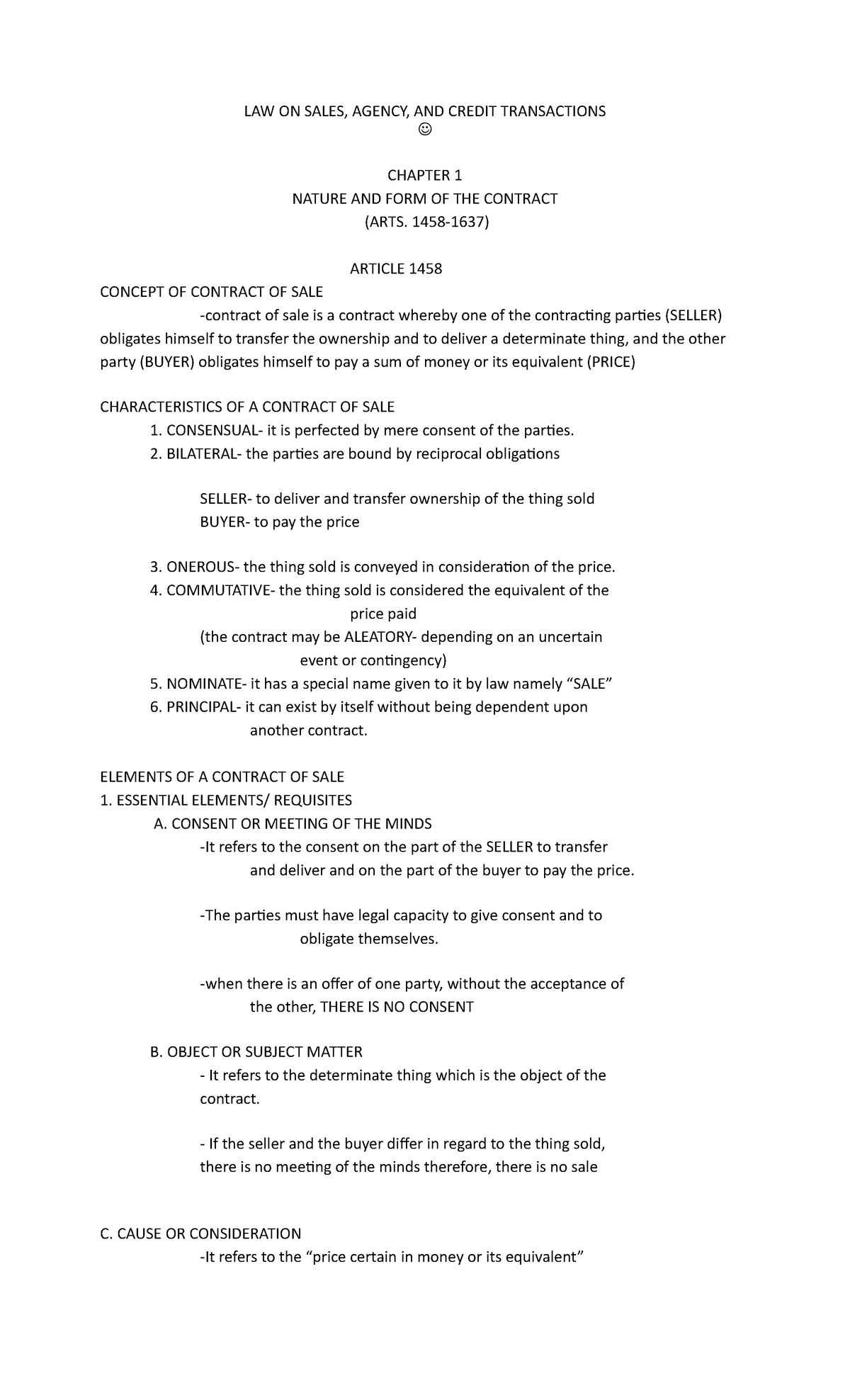 LAW ON Sales ON OBLIGATIONS AND CONTRACTS - LAW ON SALES, AGENCY, AND ...