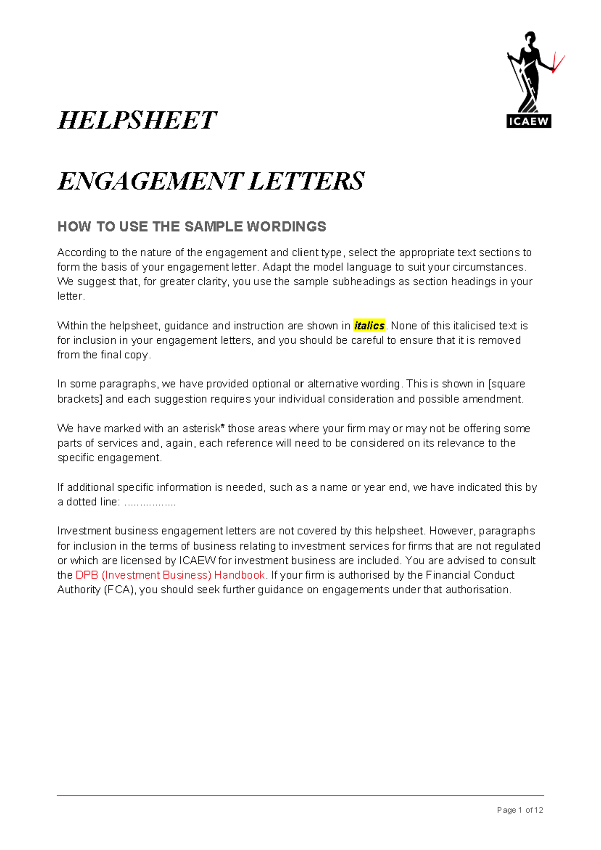 Week 20 - ICAEW Guidelines for Engagement Letters and Procedures - Studocu