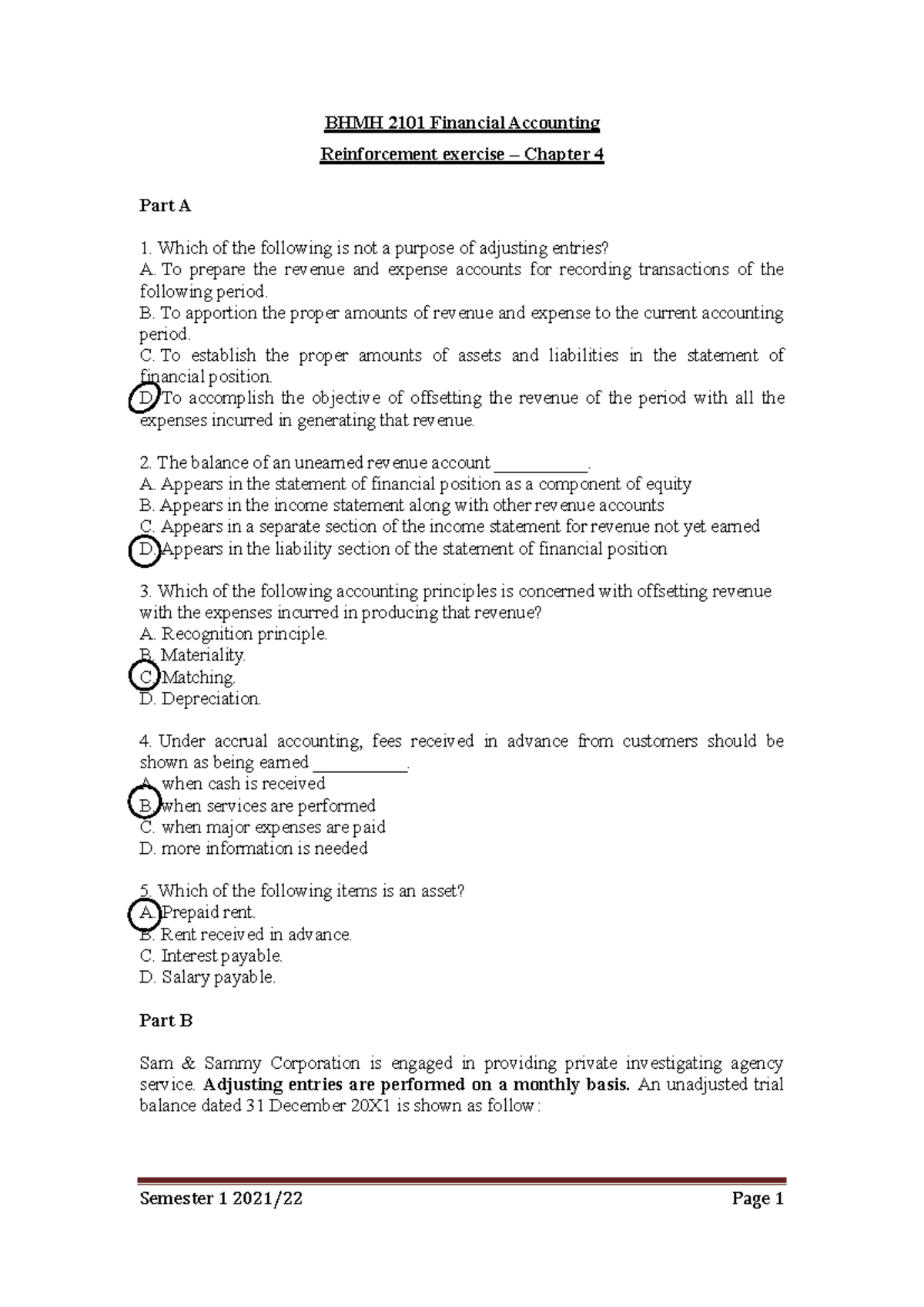 BHMH 2101 Financial Accounting Chapter 4 Reinforcement Exercise - Studocu