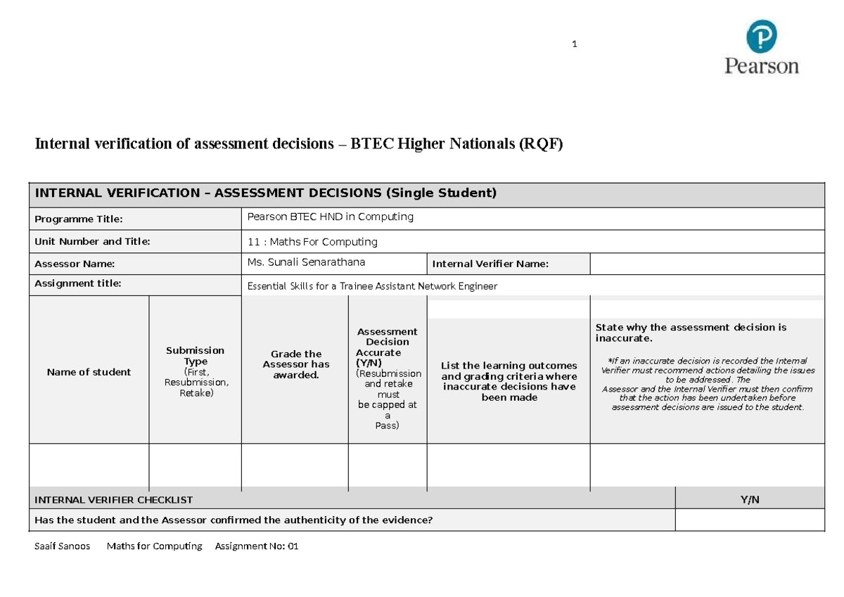 BTEC HND in Computing - Unit 11 Maths for Computing Assignment 01 - Studocu