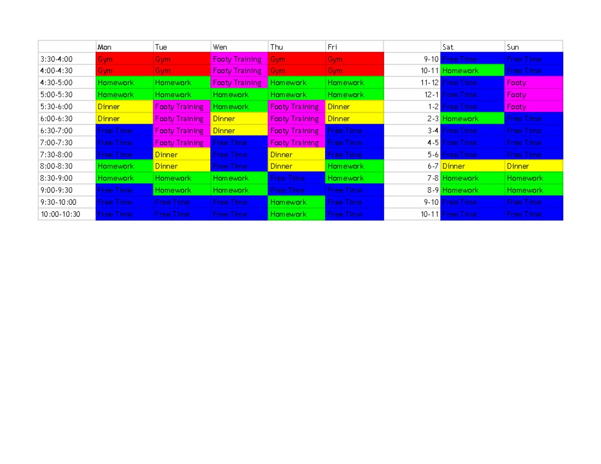 Weekly Schedule: Gym, Footy Training & Homework Activities - Studocu