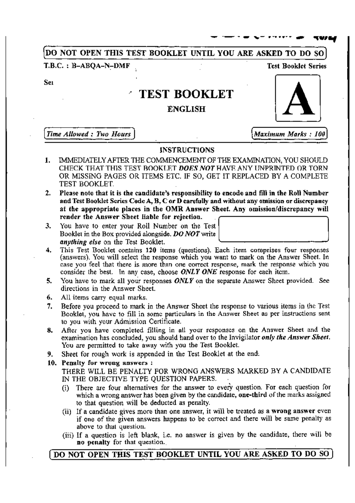 CDS I 2014 English Test Booklet: Instructions & Questions - Studocu