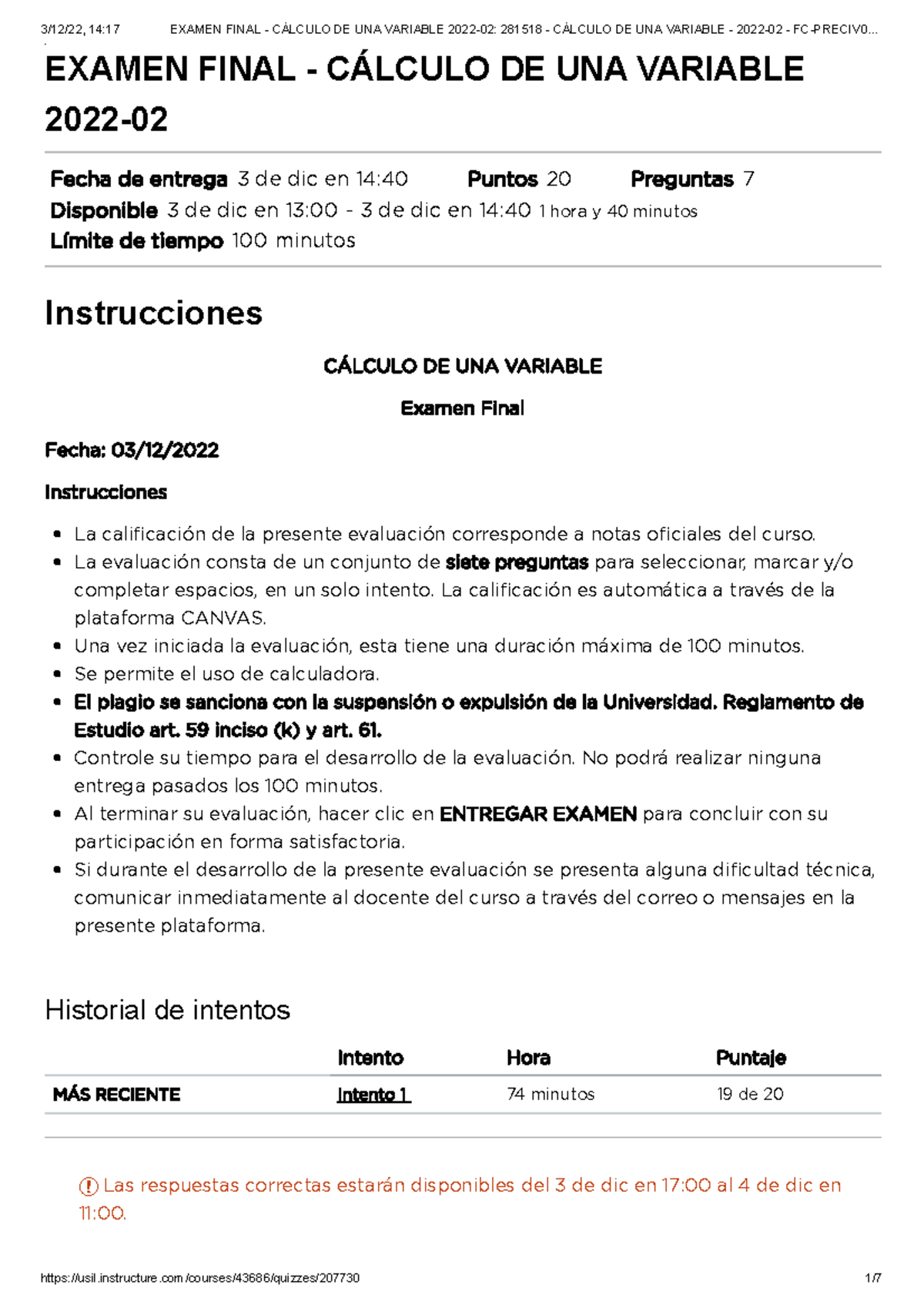 Examen Final - Calculo DE UNA Variable 2022-02 281518 - Calculo DE UNA Variable - 2022-02 - FC ...