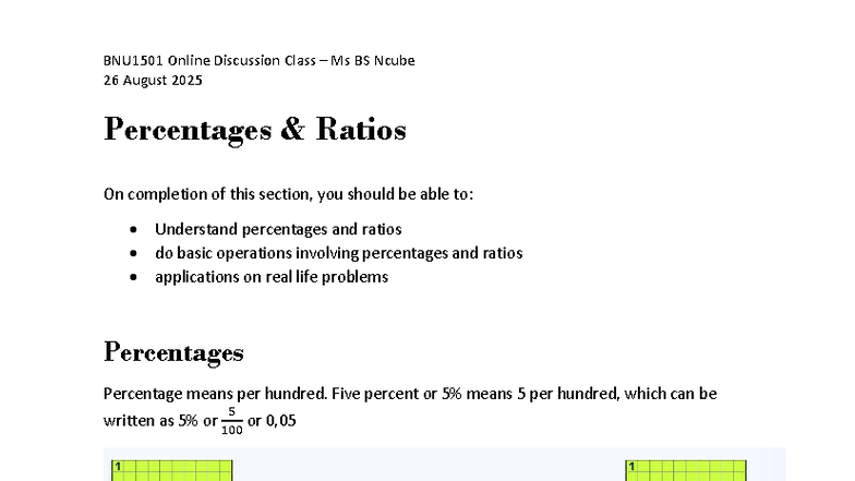 BNU1501 Online Lesson: Chapter 3 - Percentages & Ratios - Studocu
