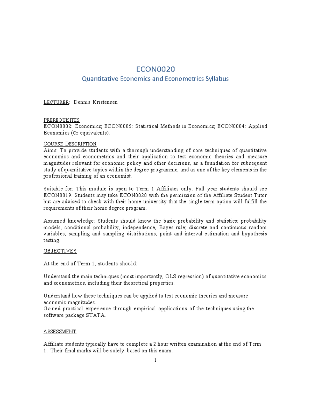 ECON0020 Quantitative Economics & Econometrics Course Syllabus - Studocu