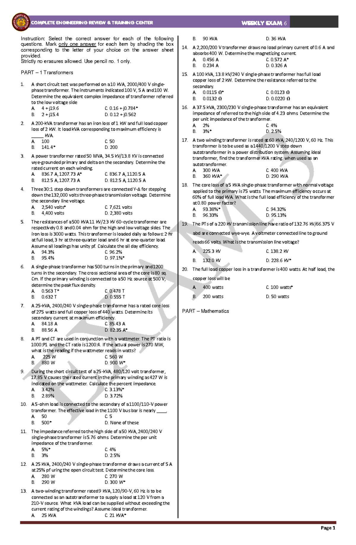 Pdfcoffee - Exam - Page 1 COMPLETE ENGINEERING REVIEW & TRAINING CENTER WEEKLY EXAM 6 - Studocu