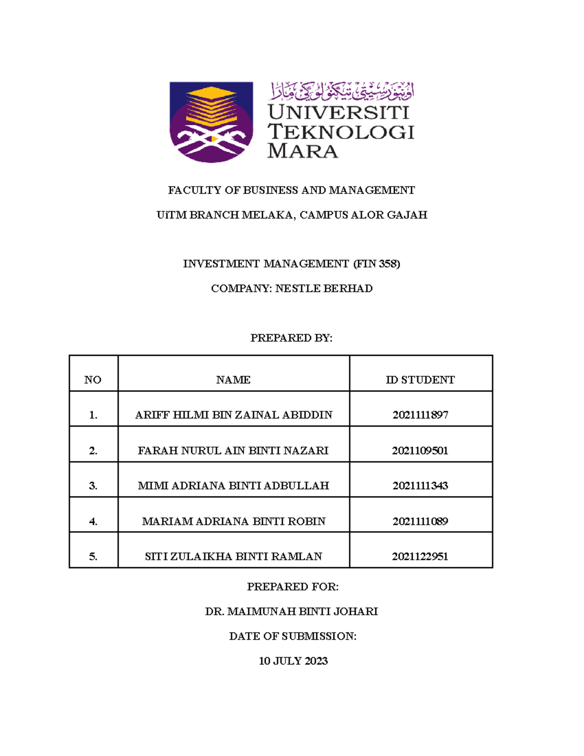 Group Assignment FIN358 - FACULTY OF BUSINESS AND MANAGEMENT UiTM ...