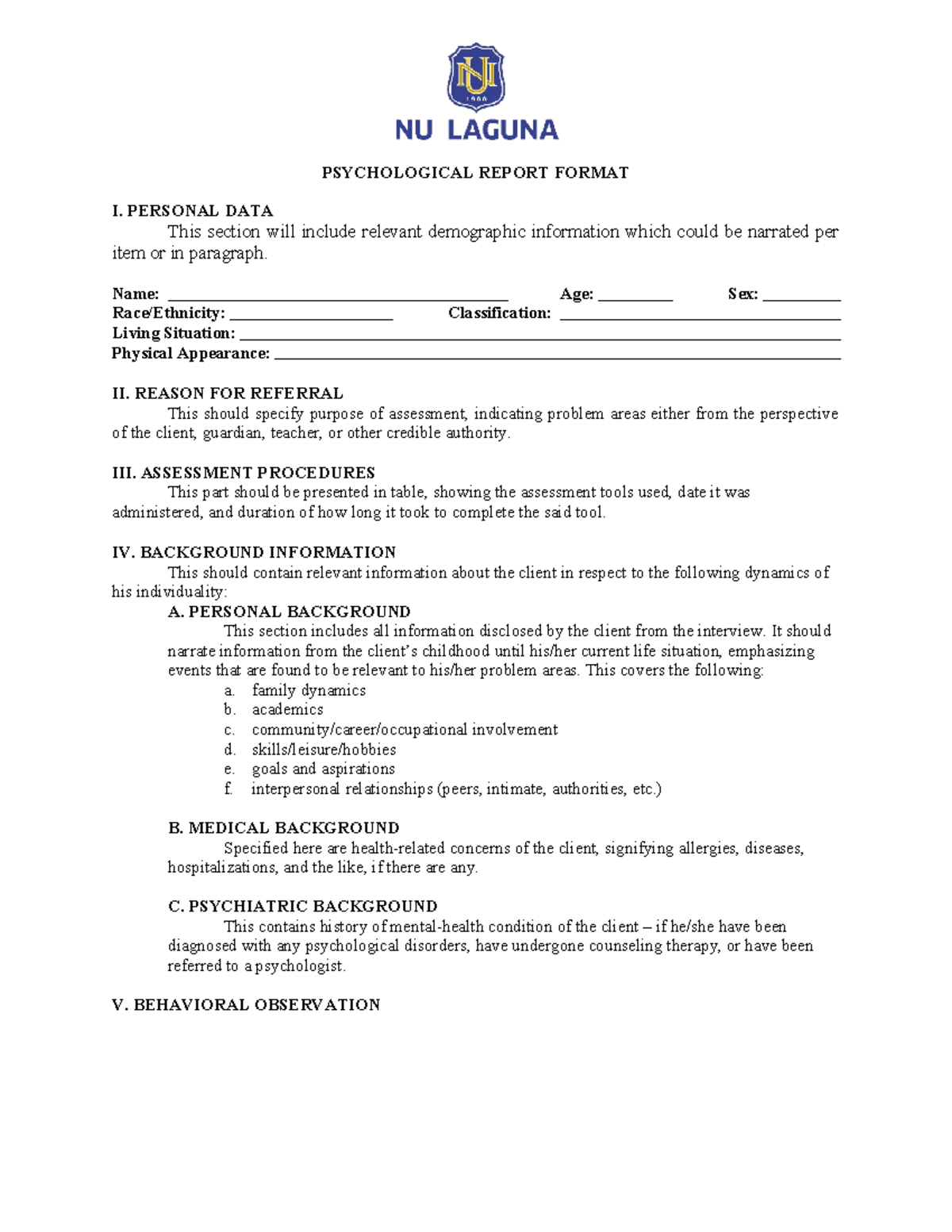 Psychological Assessment Report Format Guide - Studocu