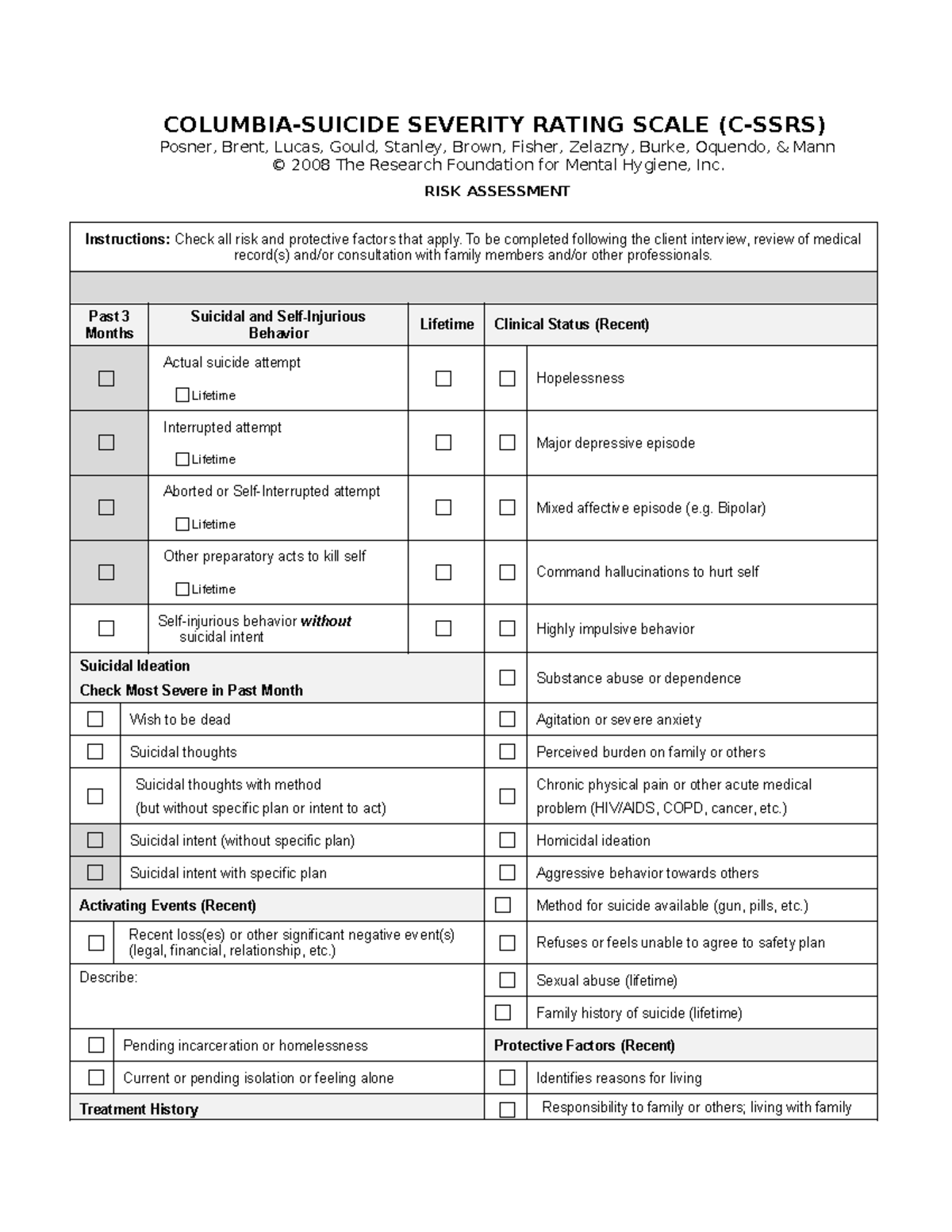 Columbia Suicide Assessment Form - Risk Assessment Guide - Studocu