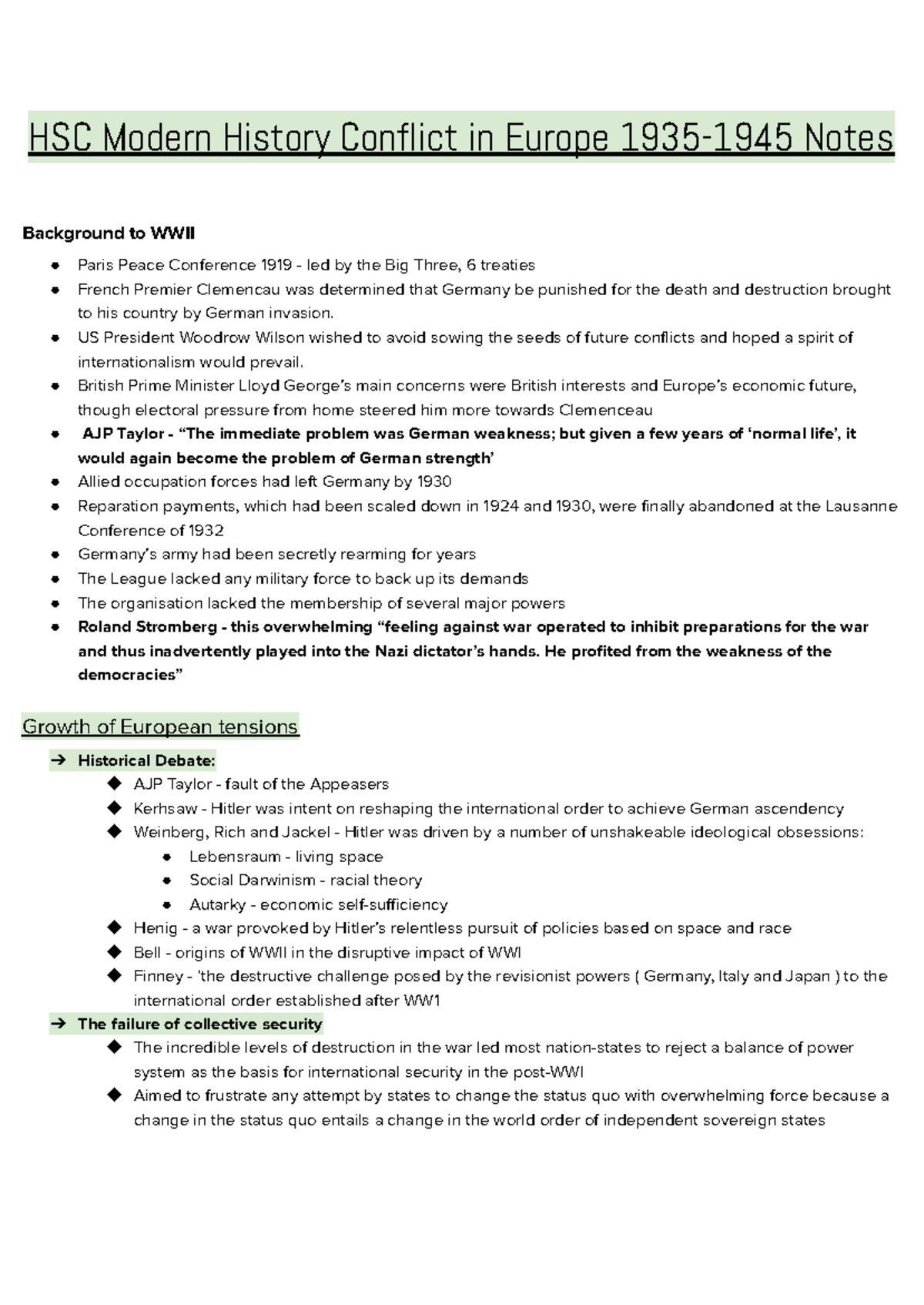 HSC Modern History Final Exam Notes: Europe 1935-1945 Conflict Overview ...