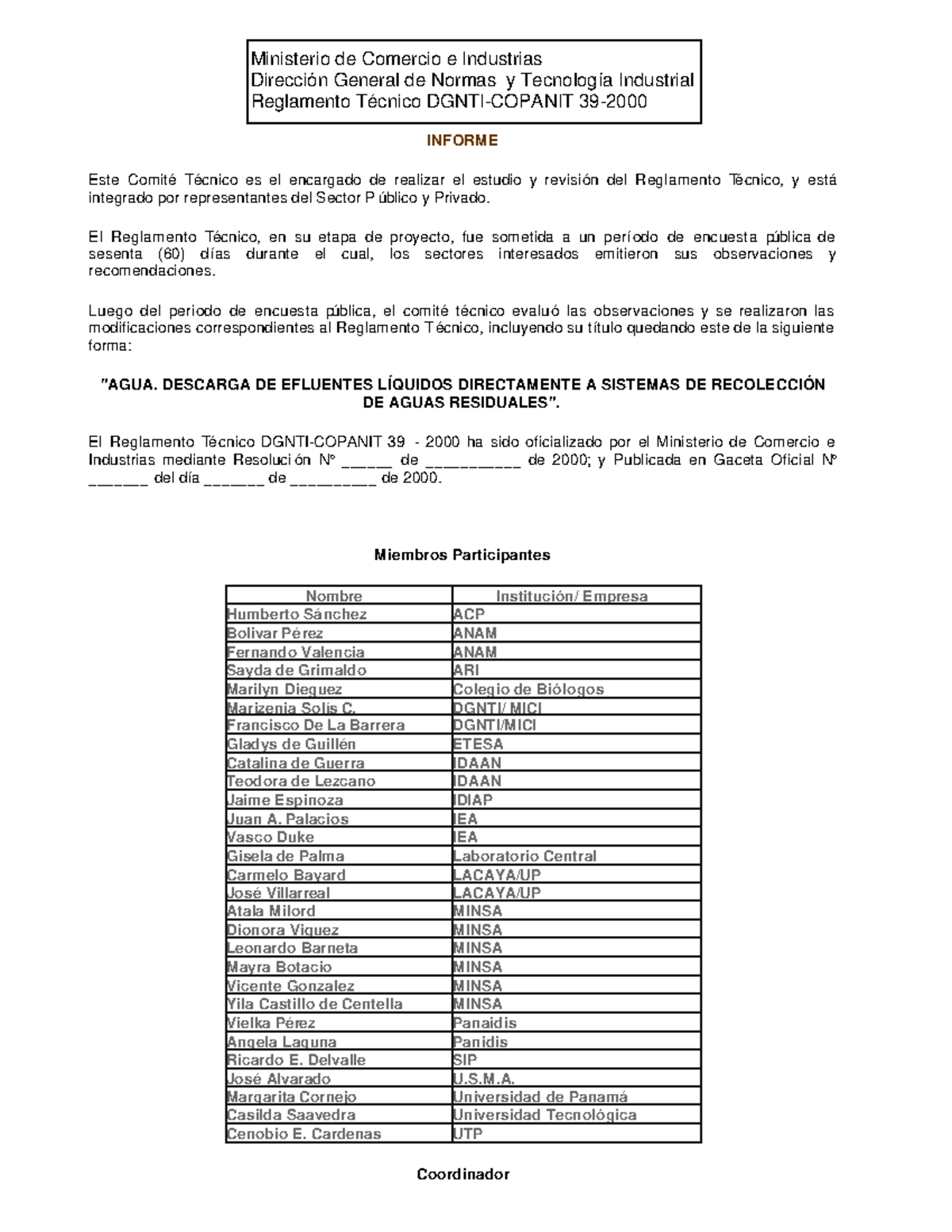 Reglamento Técnico DGNTI-COPANIT 39-2000: Descargas a Alcantarillados ...