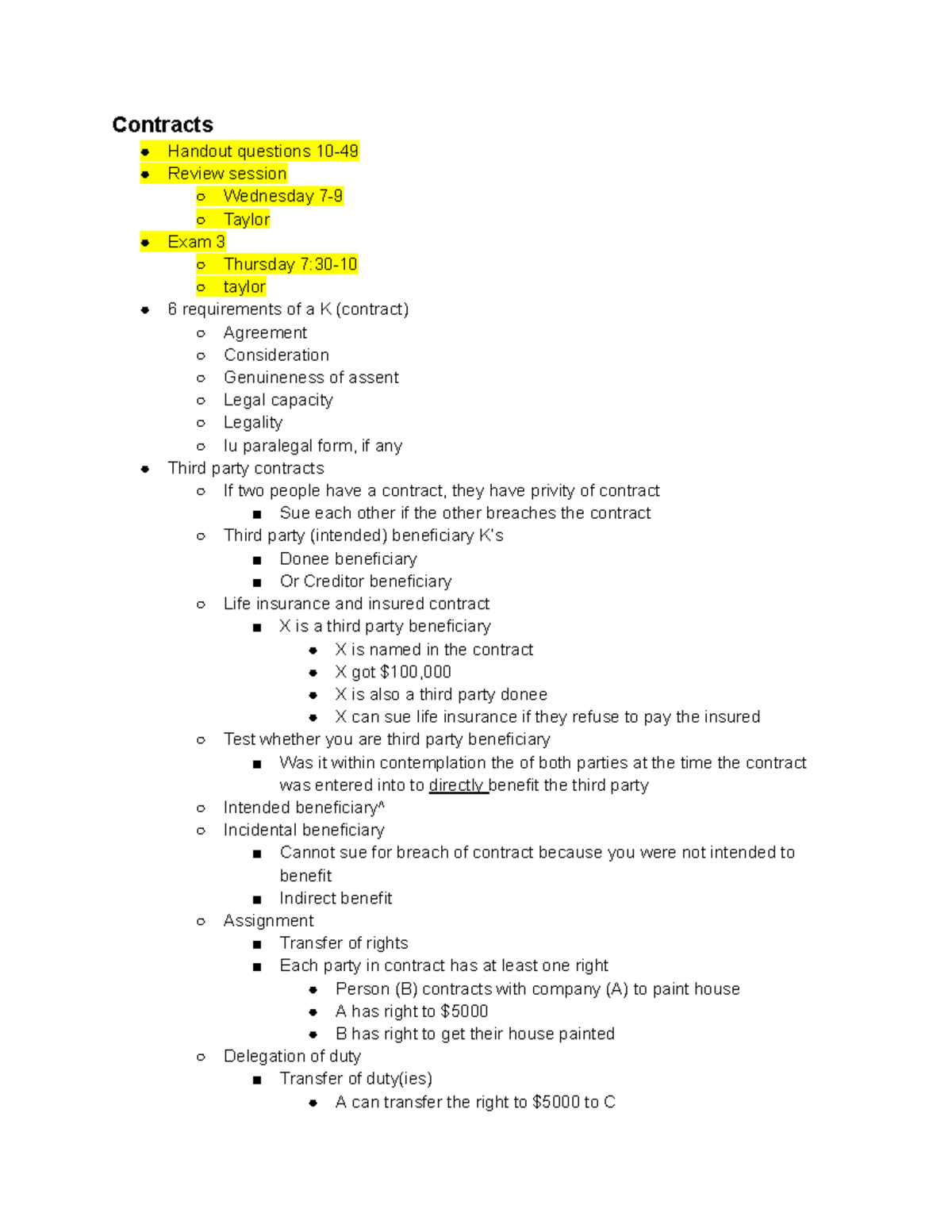 BLS 342 Exam 3 - Contract Law - Contracts Handout questions 10- Review ...