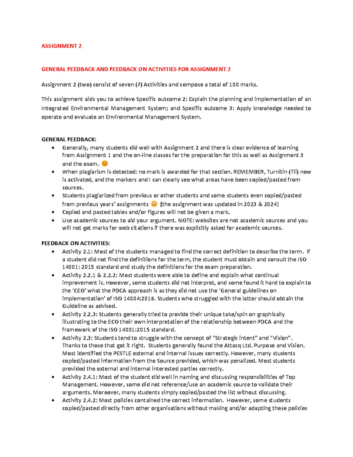 HES4811-2024 General Feedback on Assignment 2 Activities - Studocu