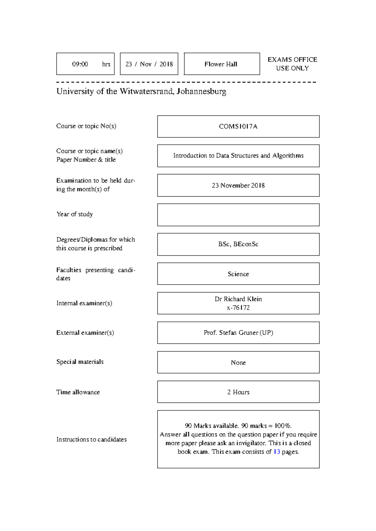 COMS1017A - 2018 WITS Final Exam Paper: Data Structures & Algorithms ...