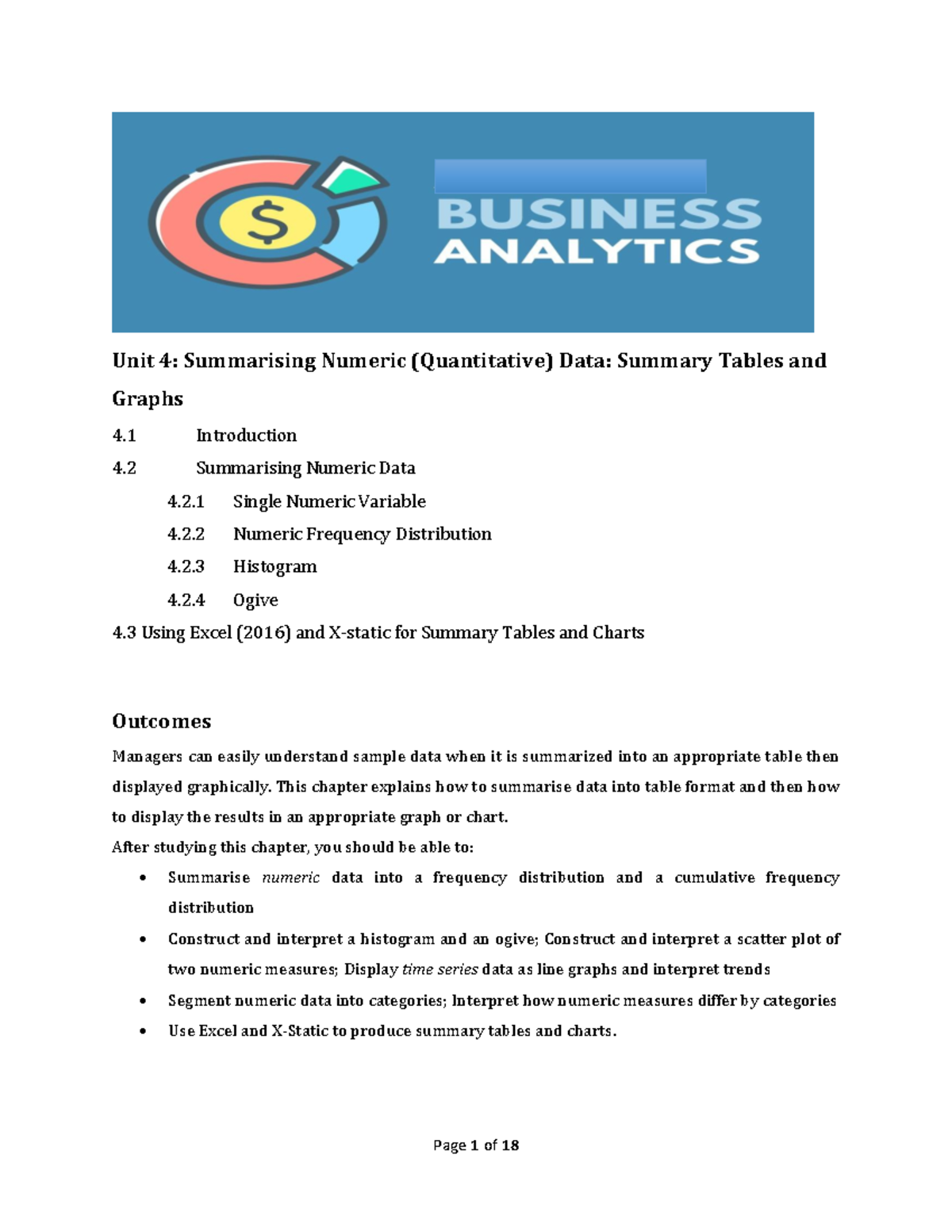 Unit 4: Summarising Numeric Data G3571MA - Summary Tables & Graphs ...