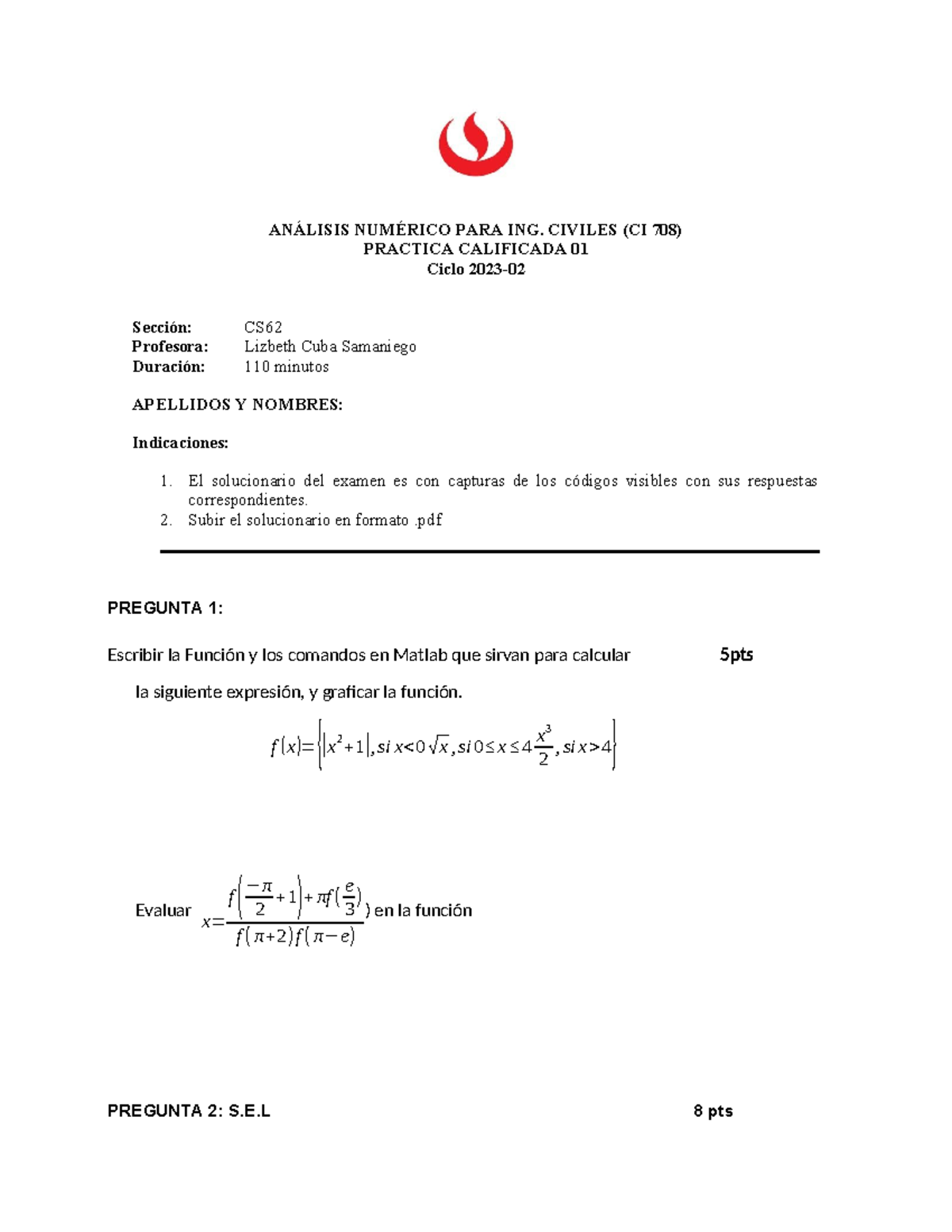CI 708 Practica Calificada 01: Análisis Numérico 2023-2024 - Studocu