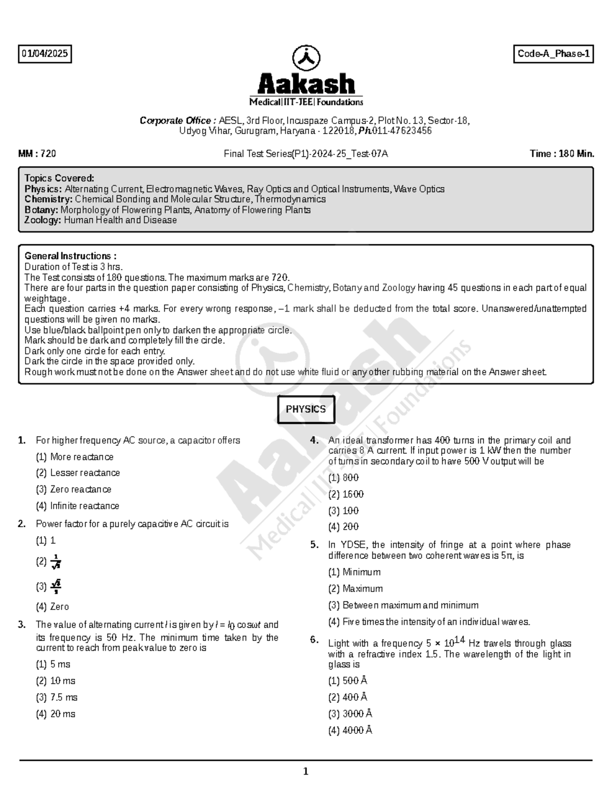 FTS-07 A QP: Final Test on Physics, Chemistry, Botany & Zoology - Studocu