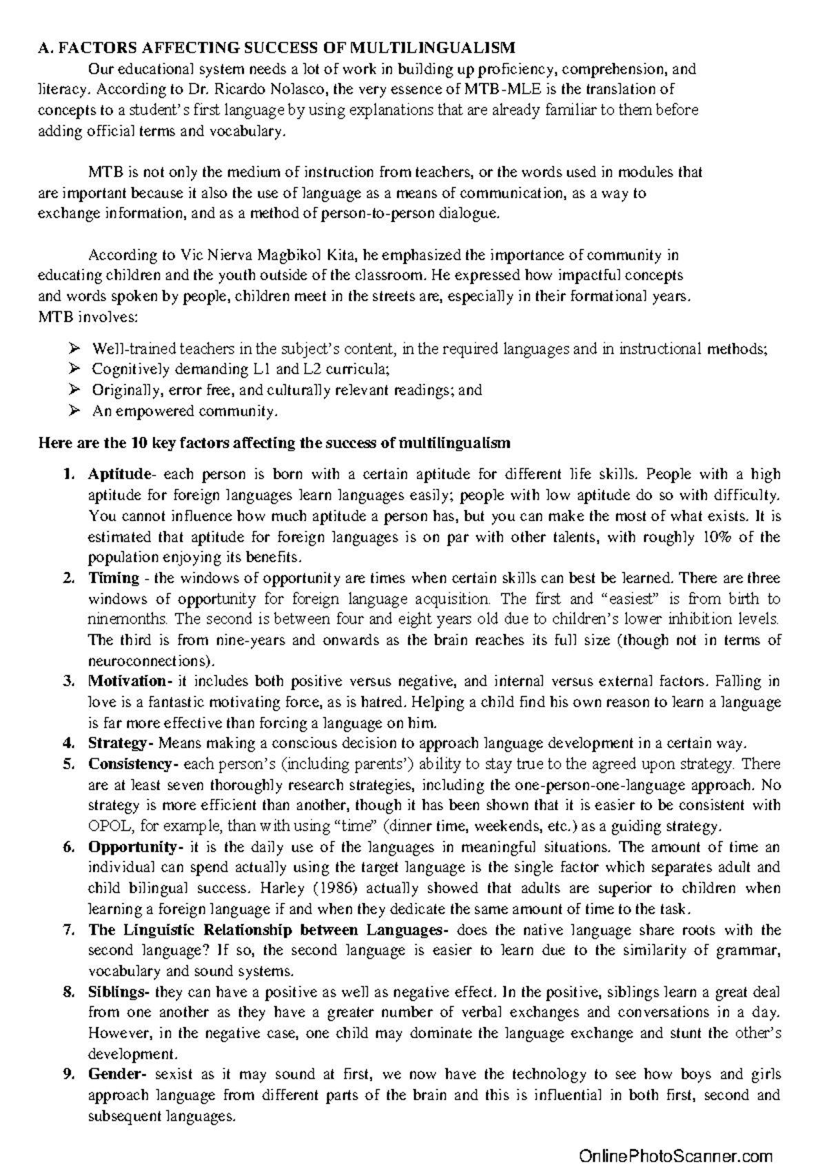 MTB 101: Factors Influencing Multilingualism Success - Studocu