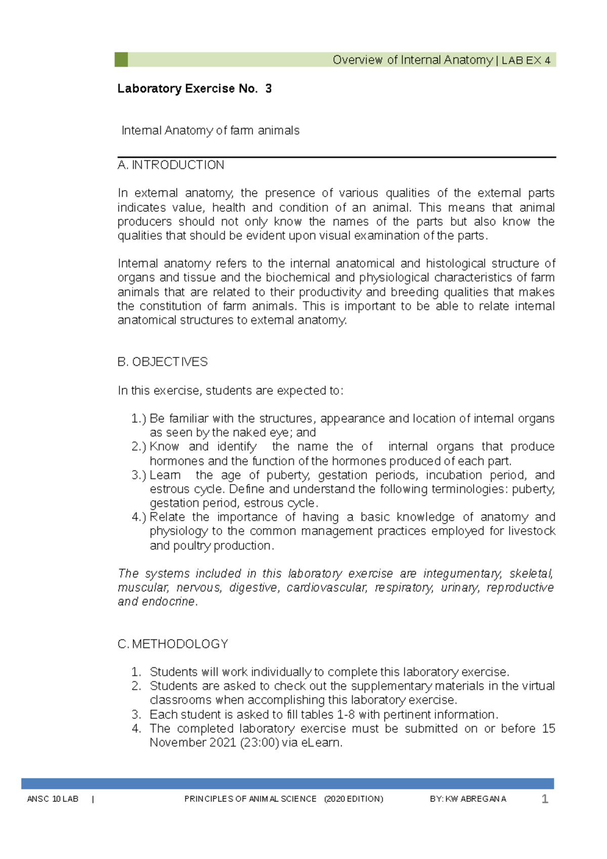Lab Exercise 3 ANSC 10 Internal Anatomy of farm animals Paler - Laboratory Exercise No. 3 ...