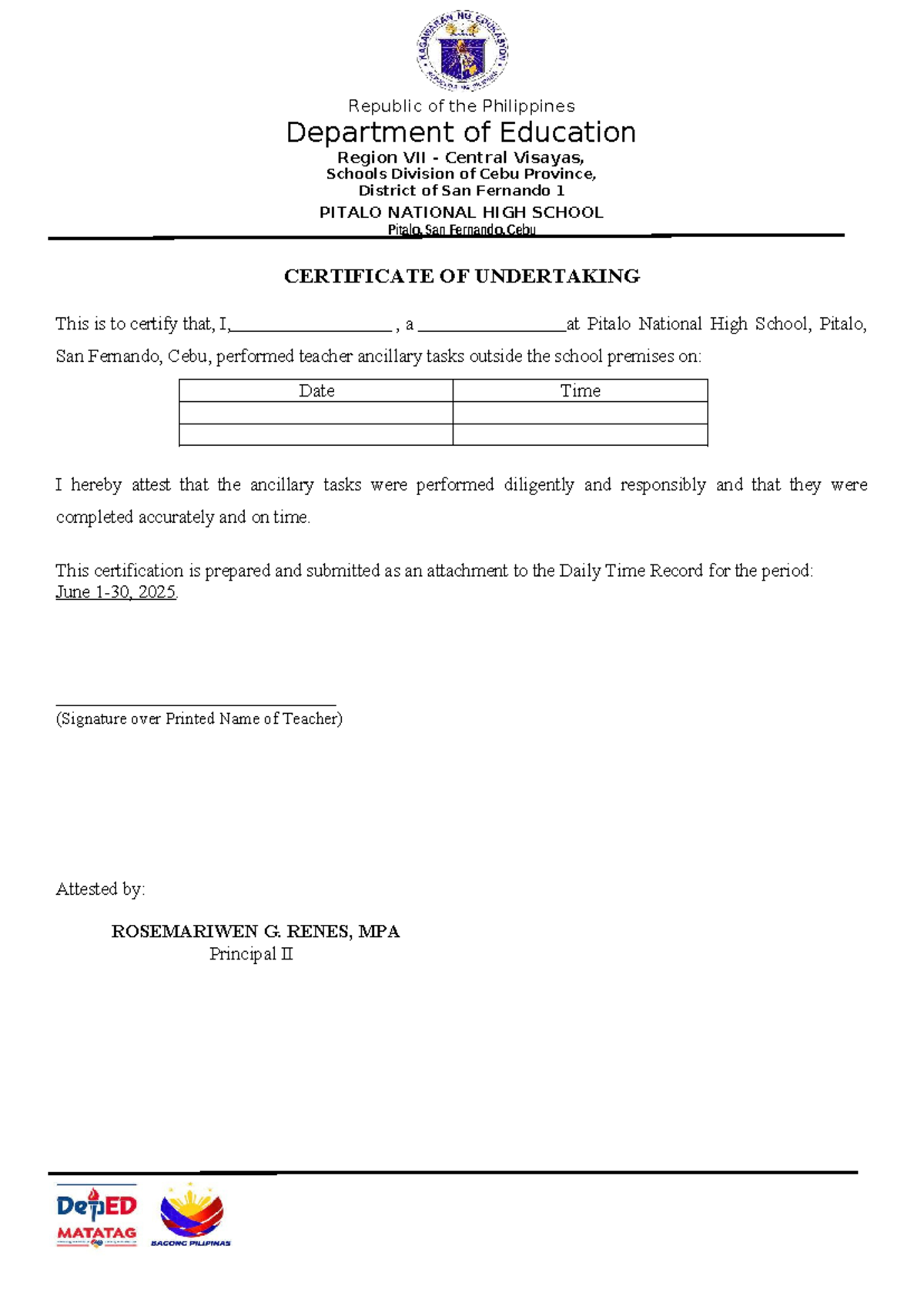 PITALO NATIONAL HIGH SCHOOL Locator Slip and Certificate of Undertaking ...