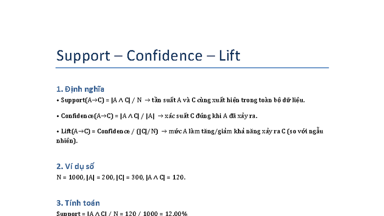 Support & Confidence Lift Example: N, A, C Calculations - Studocu
