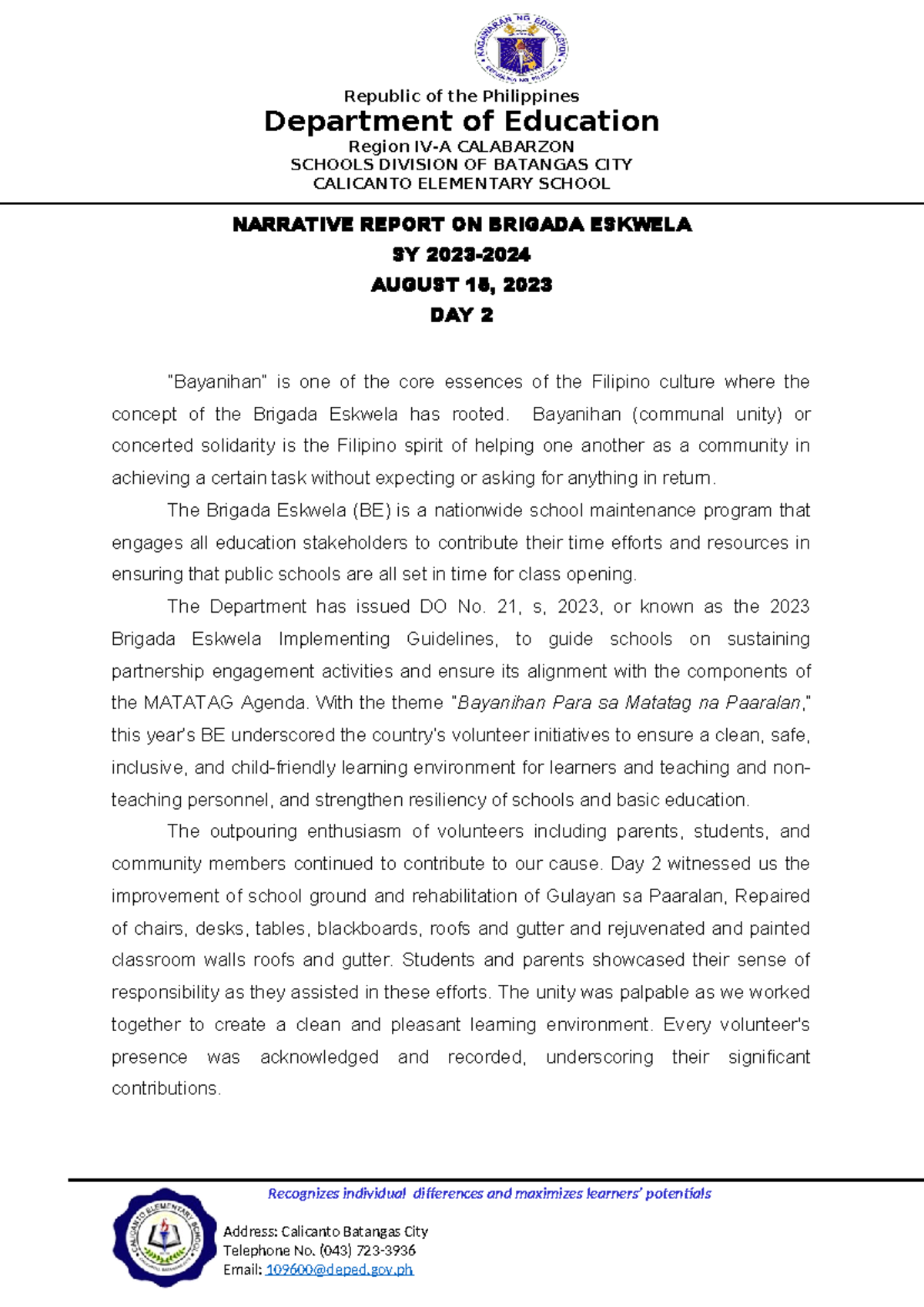 **Narrative Report on Brigada Eskwela 2023-2024: Day 2 Activities ...