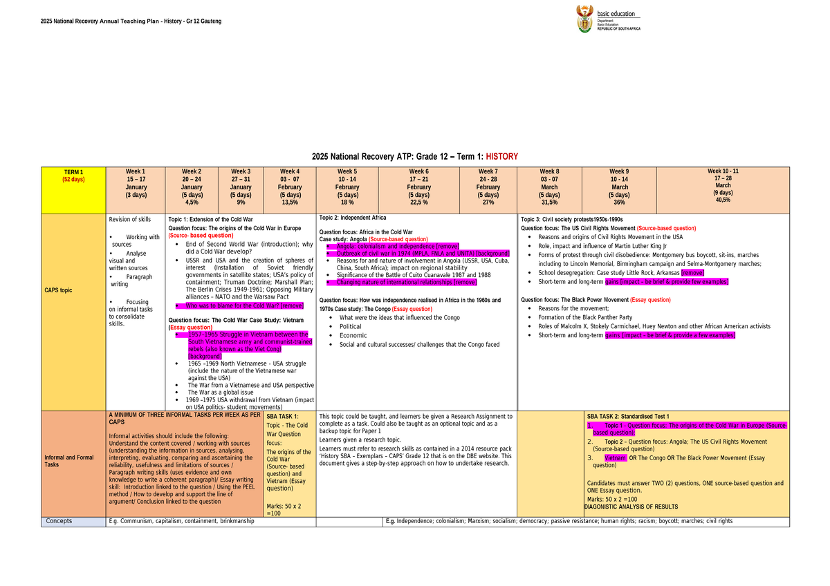 2025 National Recovery ATP & POA: History Gr 12 Teaching Plan - Studocu