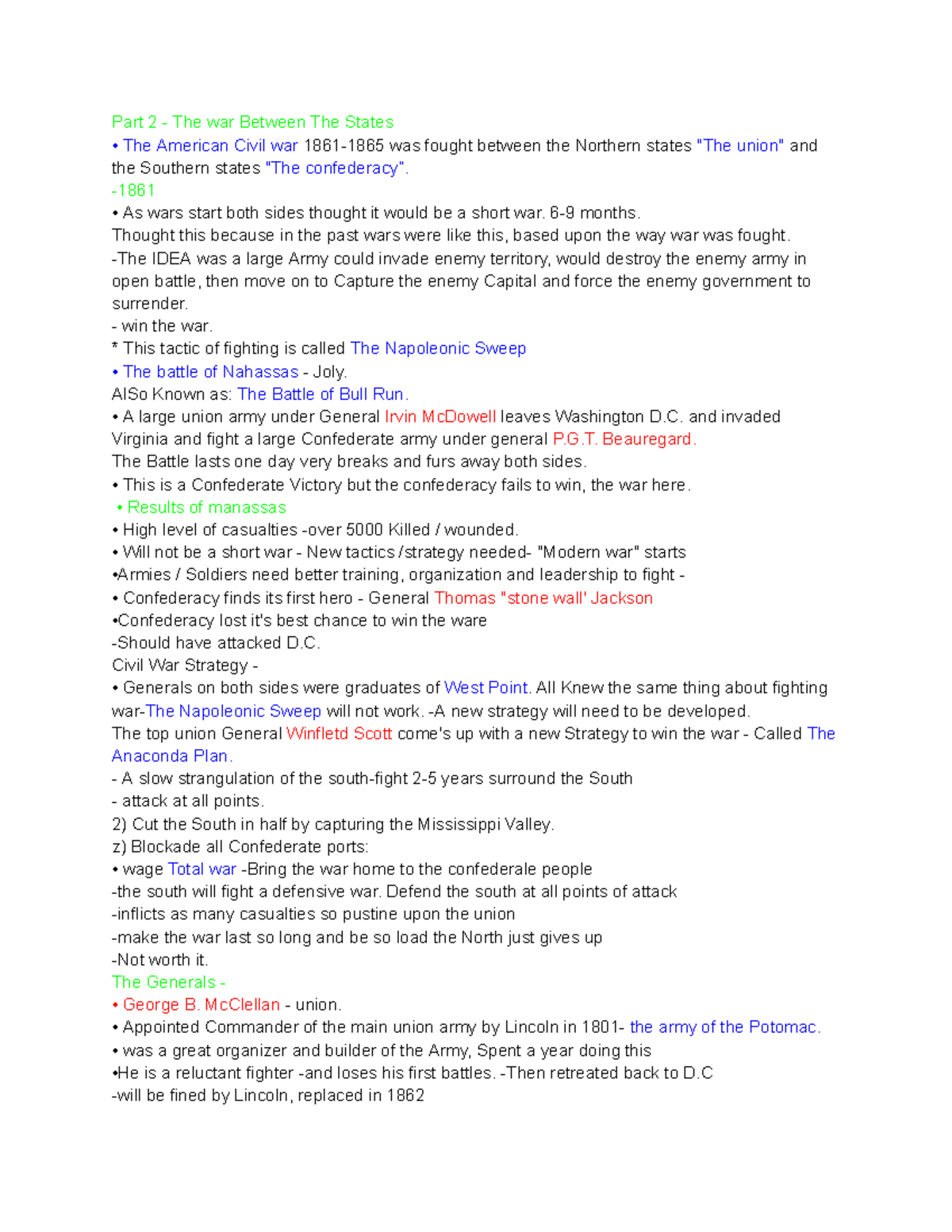 Civil War Notes: Strategies, Battles, and Reconstruction Plans (HIST101 ...
