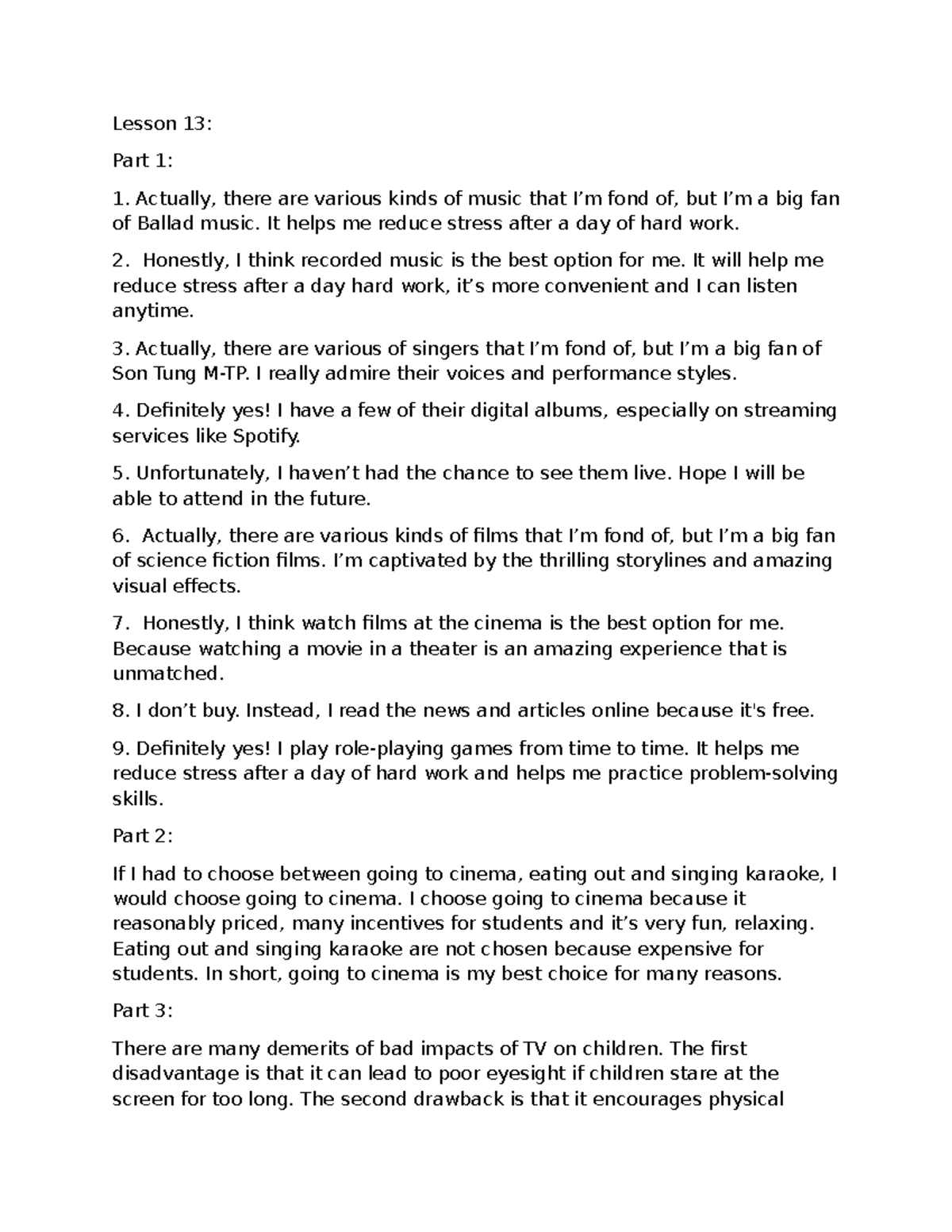 BT Lesson 13: Music, Films, and Their Impact on Stress Relief - Studocu