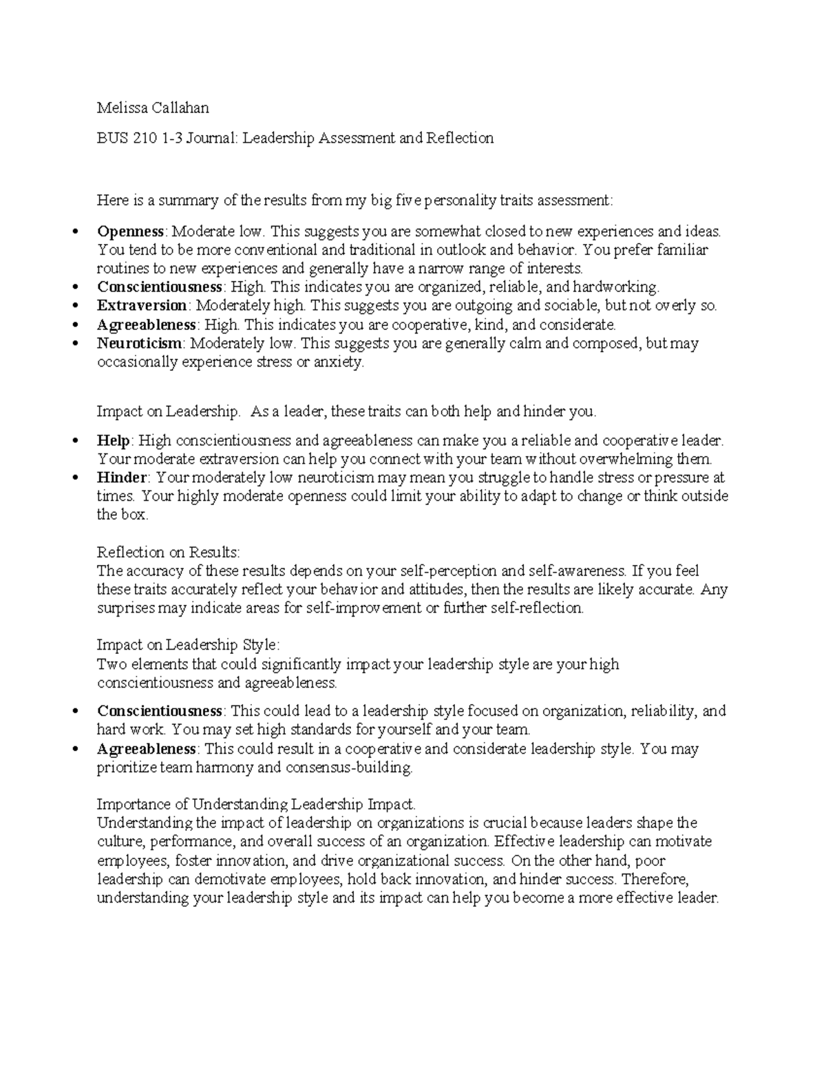 BUS210 1-3 Leadership Assessment & Reflection Journal - Studocu